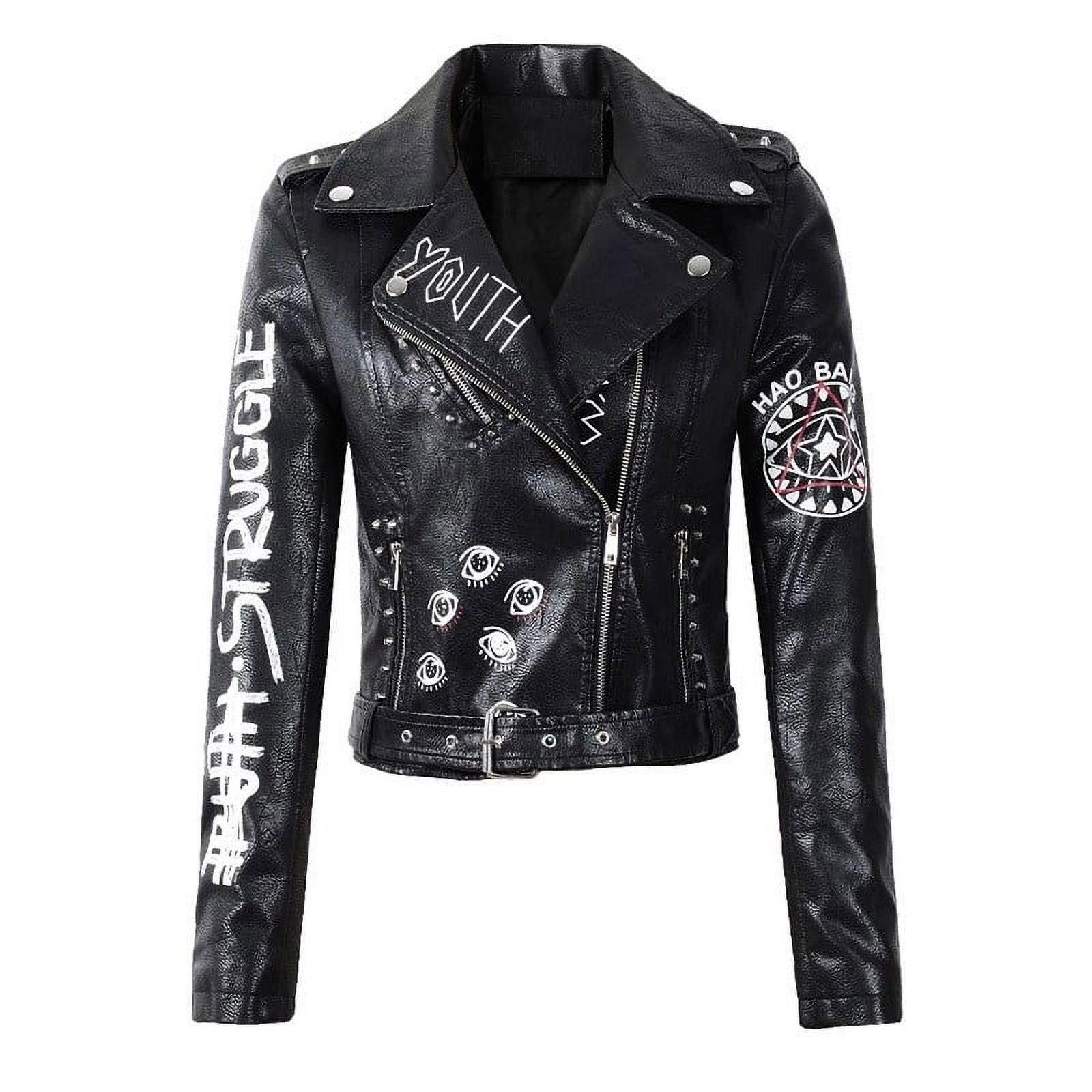 AWky Women's PU Rivet Zipper Jacket, Shoulder Badge, Motorcycle Punk ...