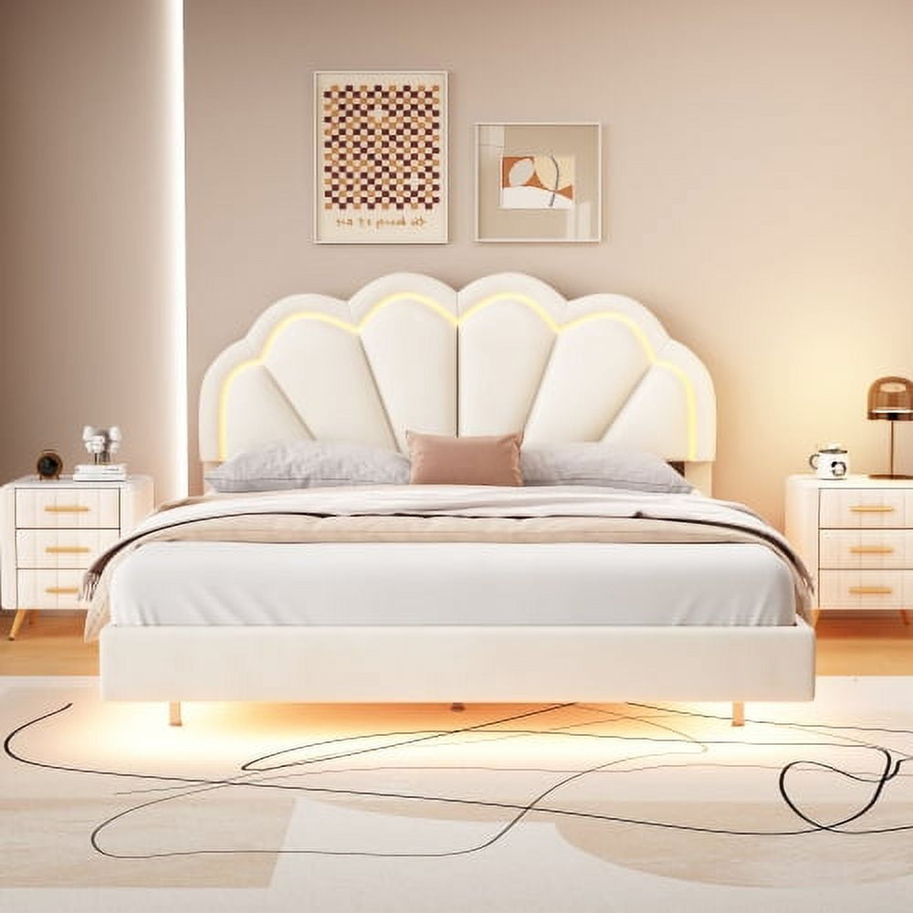 AXEDGTU Queen Upholstered Smart LED Bed Frame with Elegant Flowers ...