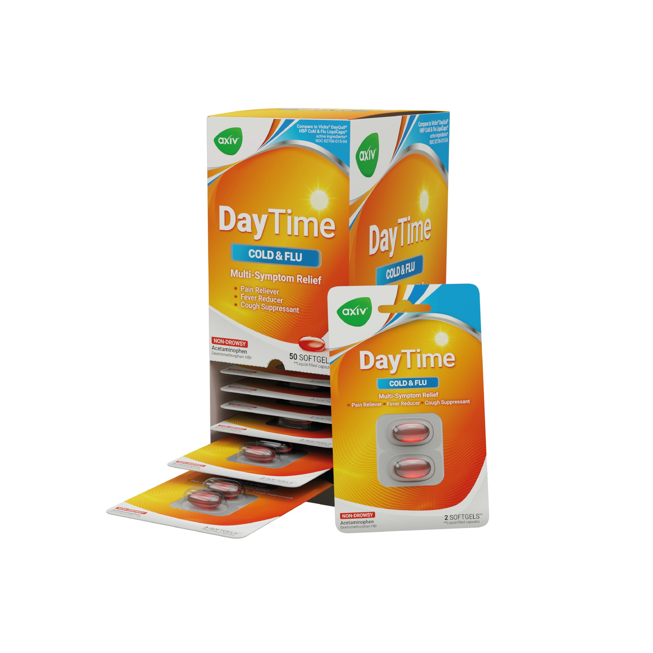 AXIV Daytime Multi-Symptom, Daytime Cold and Flu Relief Softgels, Non ...