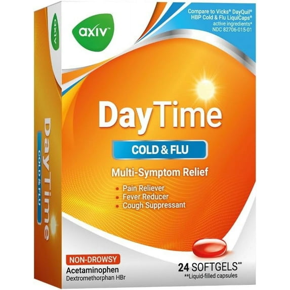AXIV Daytime Multi-Symptom, Daytime Cold and Flu Relief Softgels, Non ...