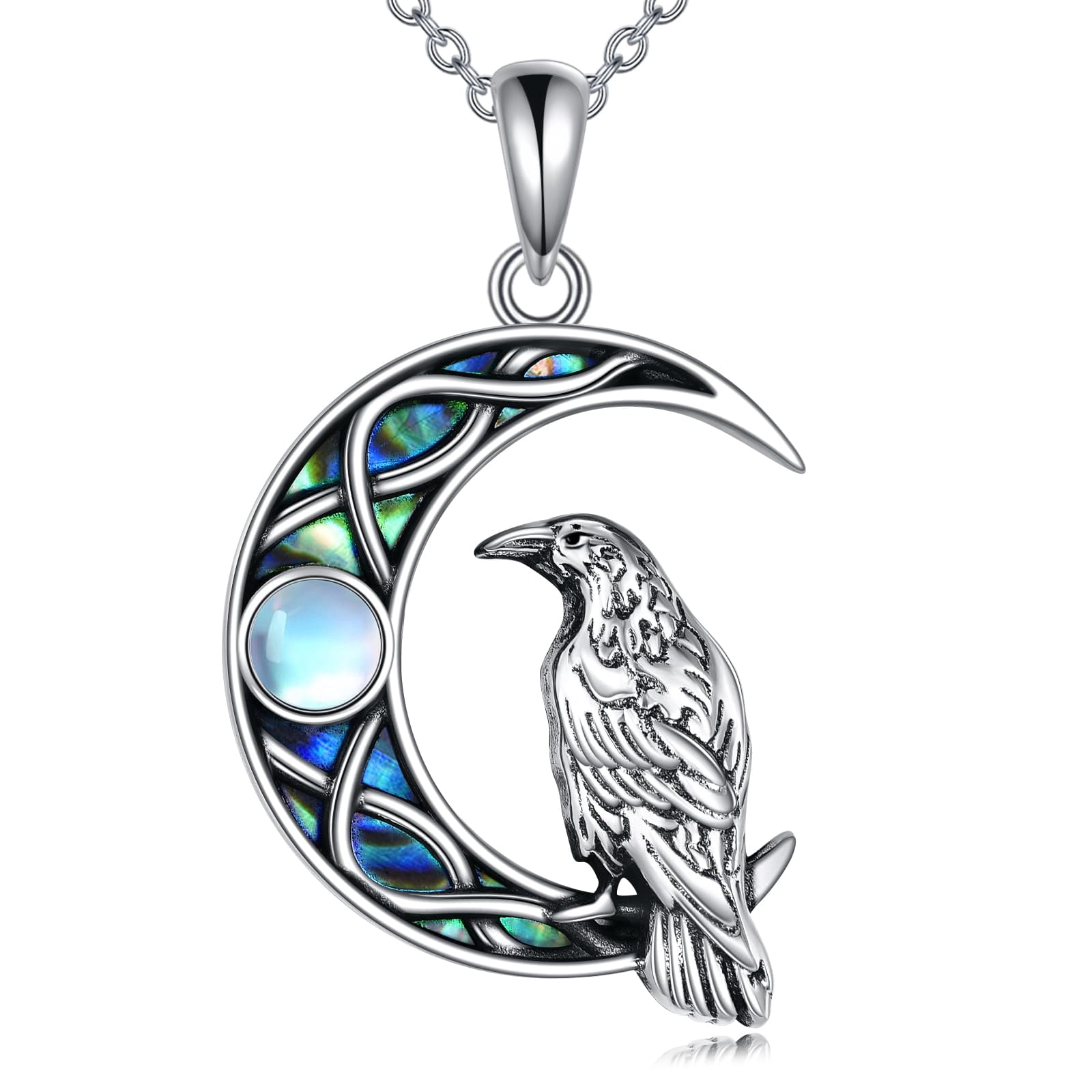 AXOMY Raven Necklace 925 Sterling Silver Moonstone Abalone Shell Moon ...