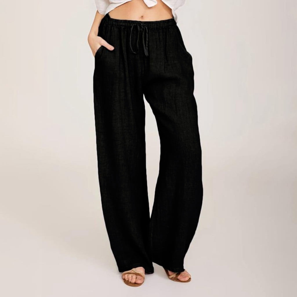 AXXD Black Cargo Pants Women Casual Cotton Linen Drawstring Elastic ...
