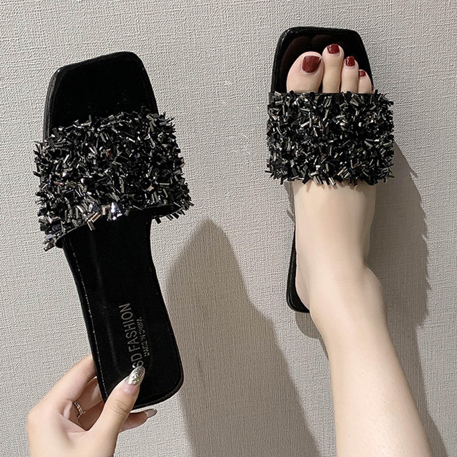 AXXD Black Sandals for Women Clearance Under $10 Shiny Sequins Sandals ...