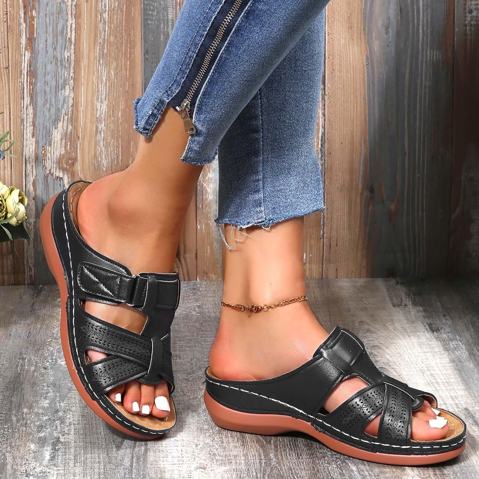 AXXD Black Sandals for Women Flat Arch-support Ladies Beach Orthopedic ...