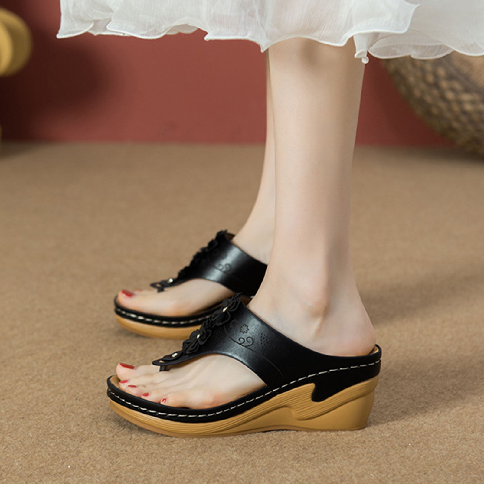 AXXD Black Sandals for Women Summer Casual Comfort Flower Lunge Sandals ...