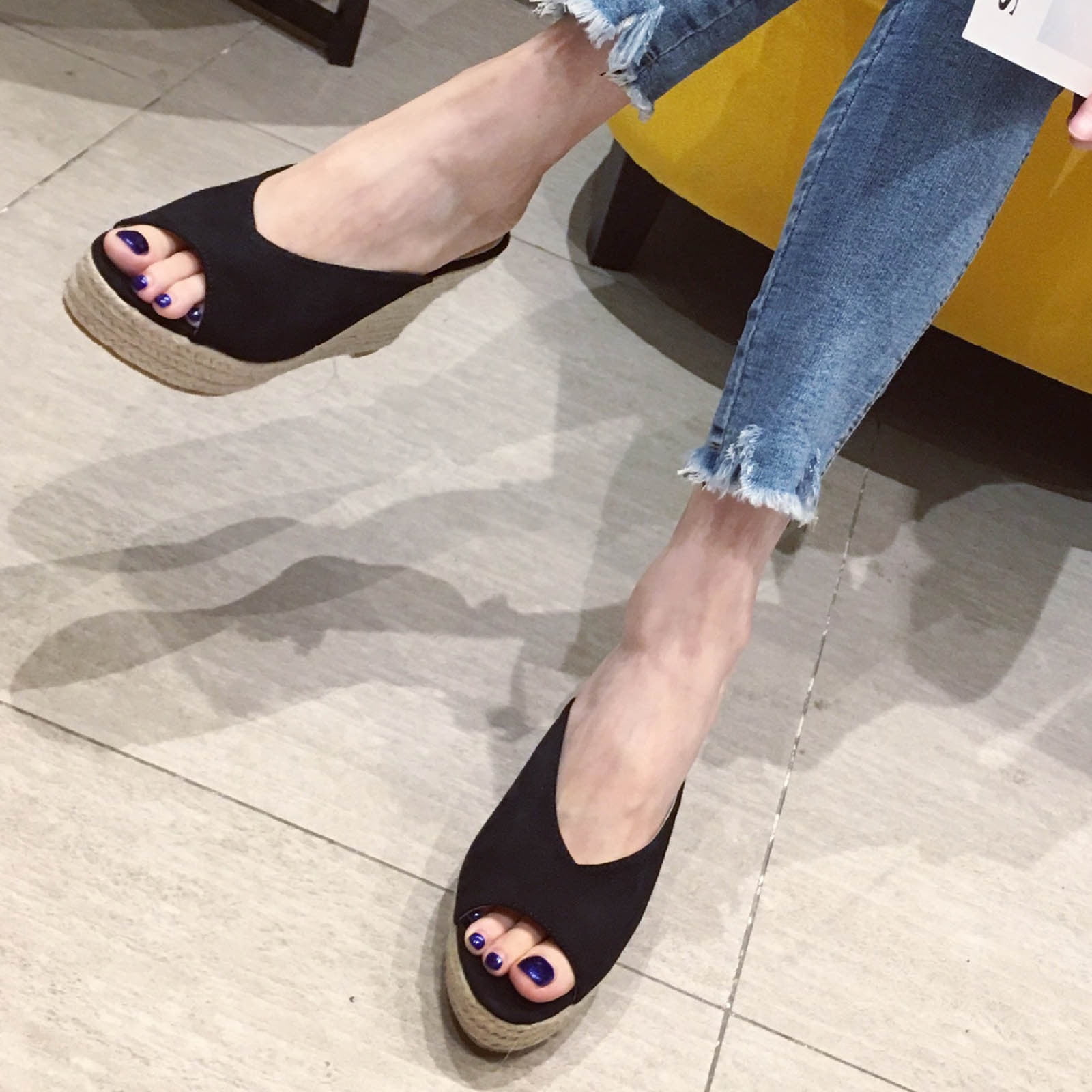 AXXD Black Wedge Sandals for Women 6.5 Summer One-line Heel Sandals ...