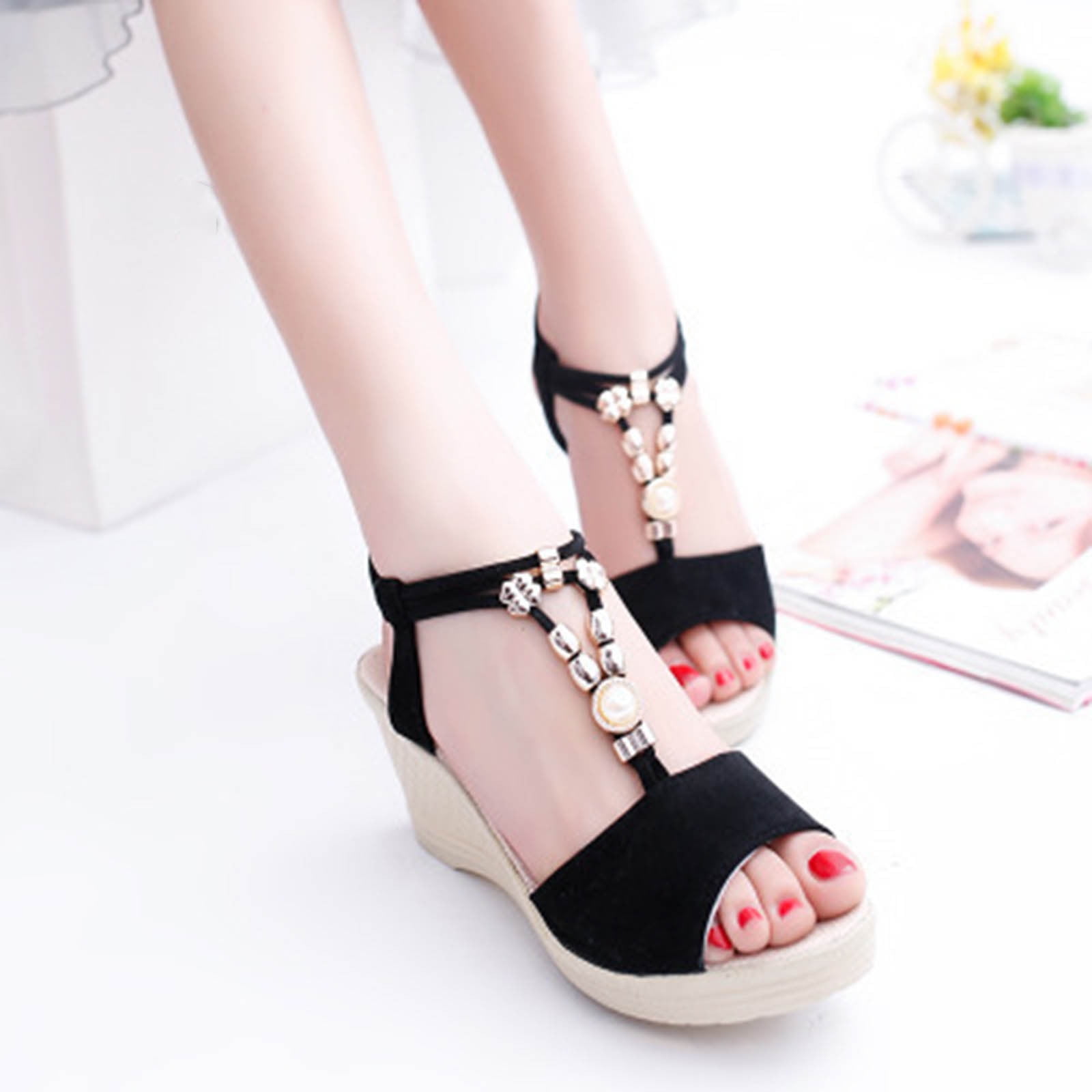 AXXD Black Wedge Sandals for Women 7.5 Summer Ladies String Bead Casual ...