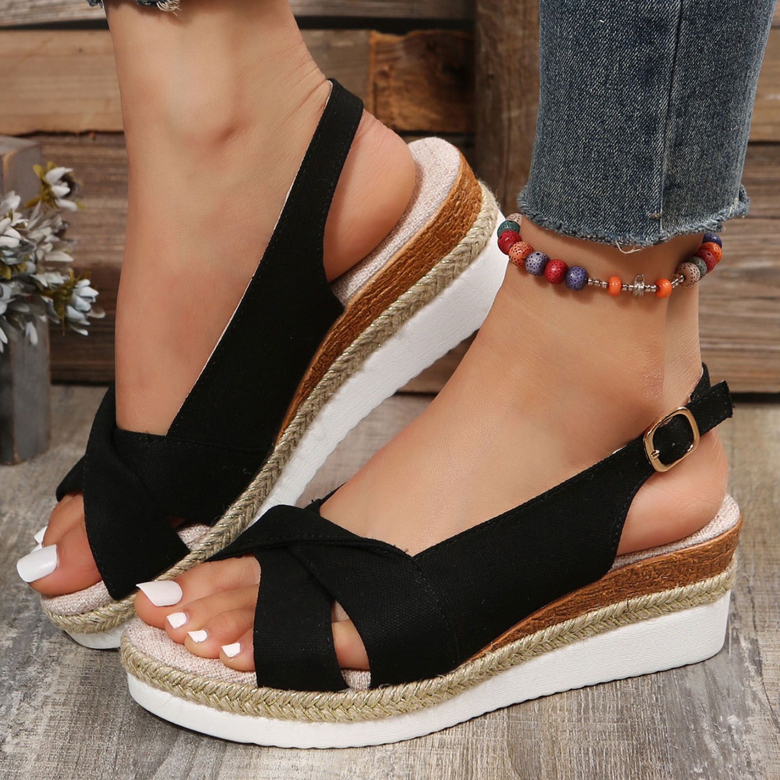 AXXD Black Wedge Sandals for Women 8.5 Summer Ladies Shoes Heel Sandals ...