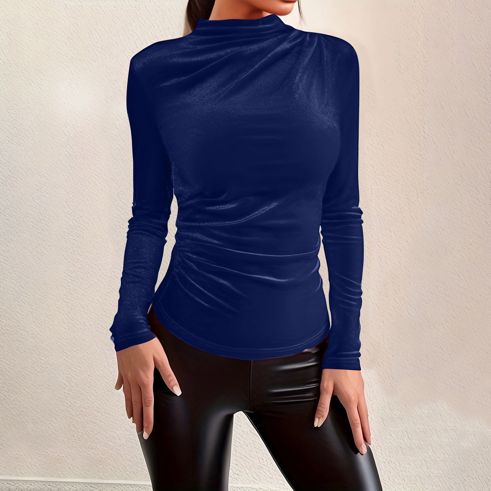 AXXD Blue Tops for Women Sexy Casual Turtle Necks Solid Gold Velvet ...