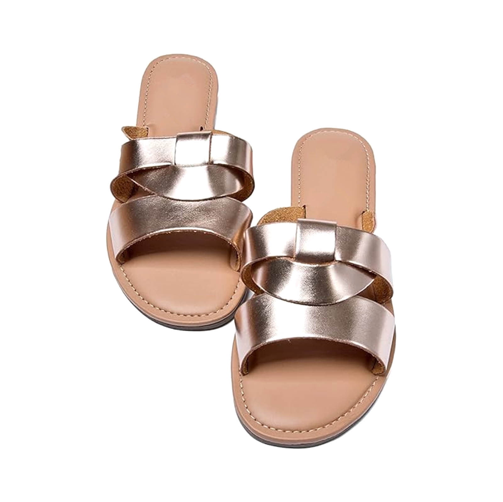 AXXD Gold Slide Sandals for Women 7 Flat Sandals Round Open Toe Wrap ...