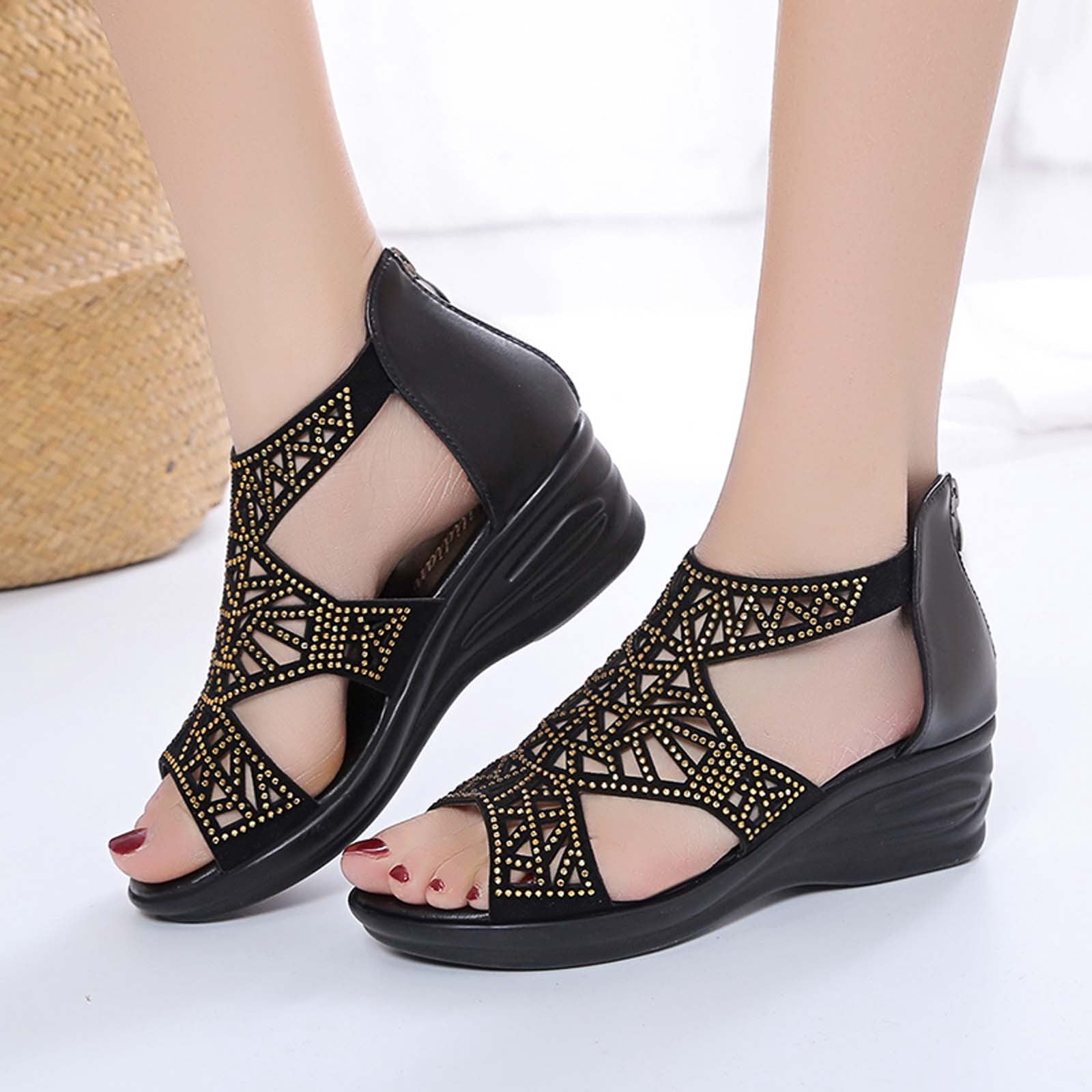AXXD Gold Wedge Sandals for Women 7.5 Summer Fish Mouth Rhinestone ...