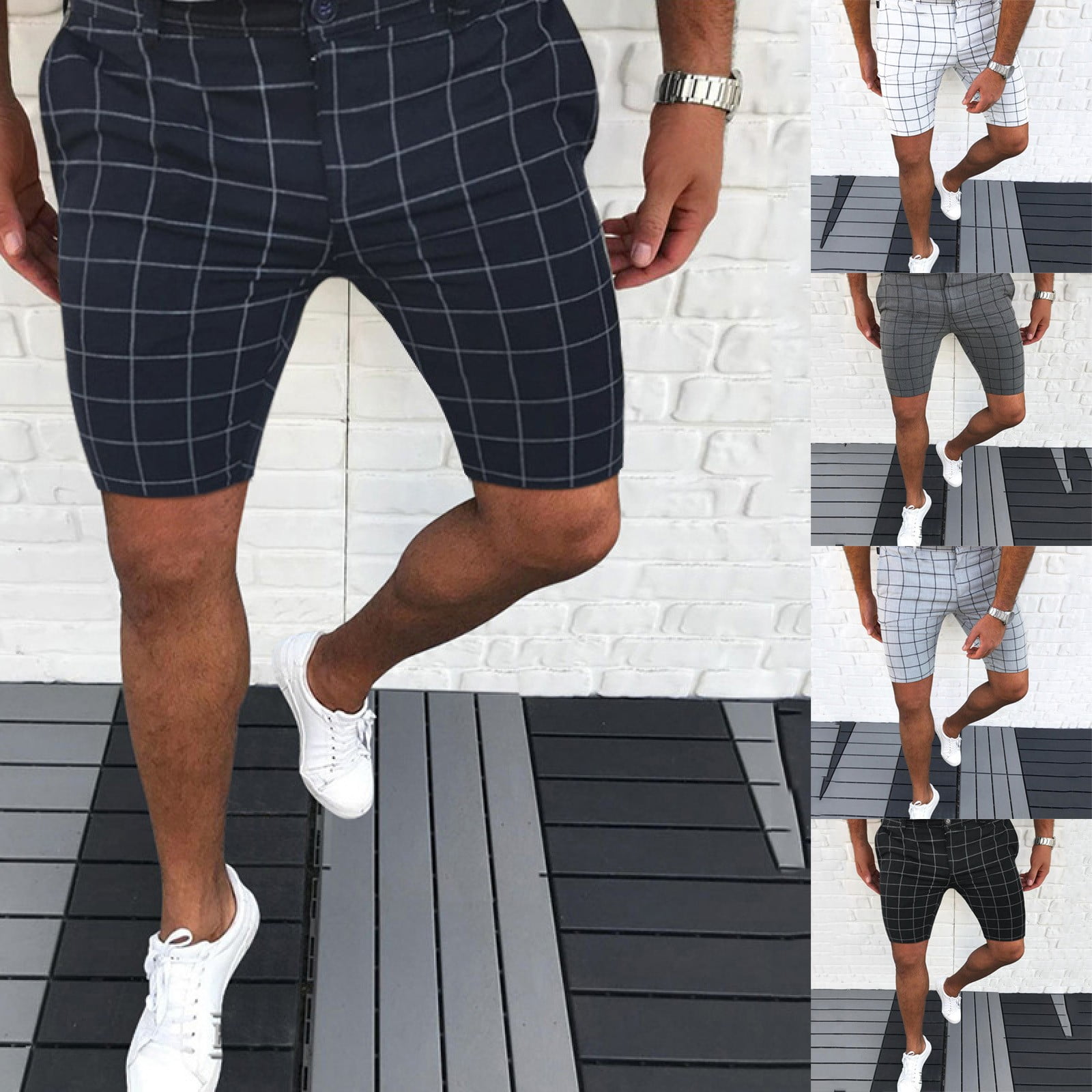 AXXD Men Shorts Casual White Summer Dress Pants Plaid Flat-Front Skinny ...