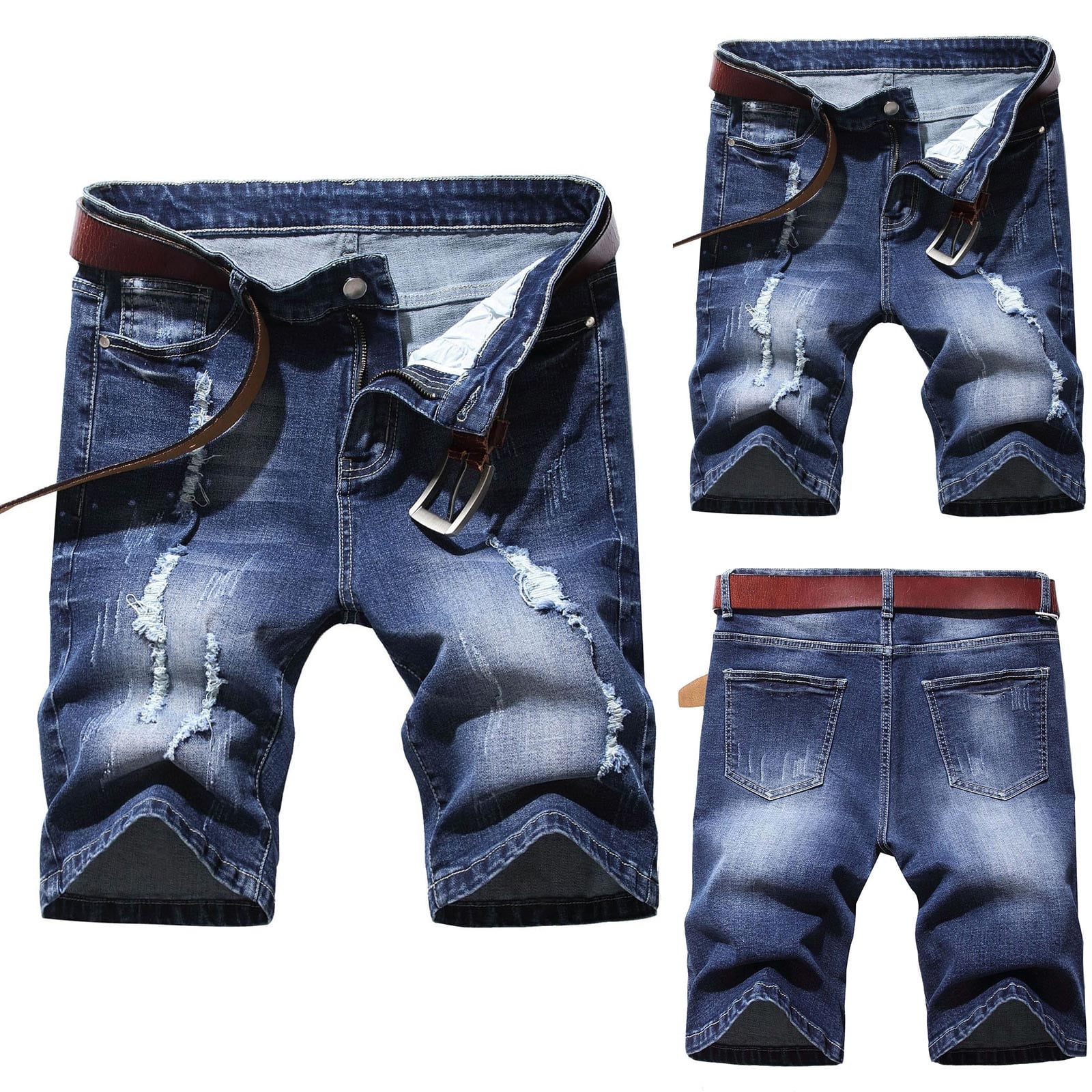 AXXD Mens Cargo Shorts Blue Summer Ripped Jean Shorts with Zipper ...