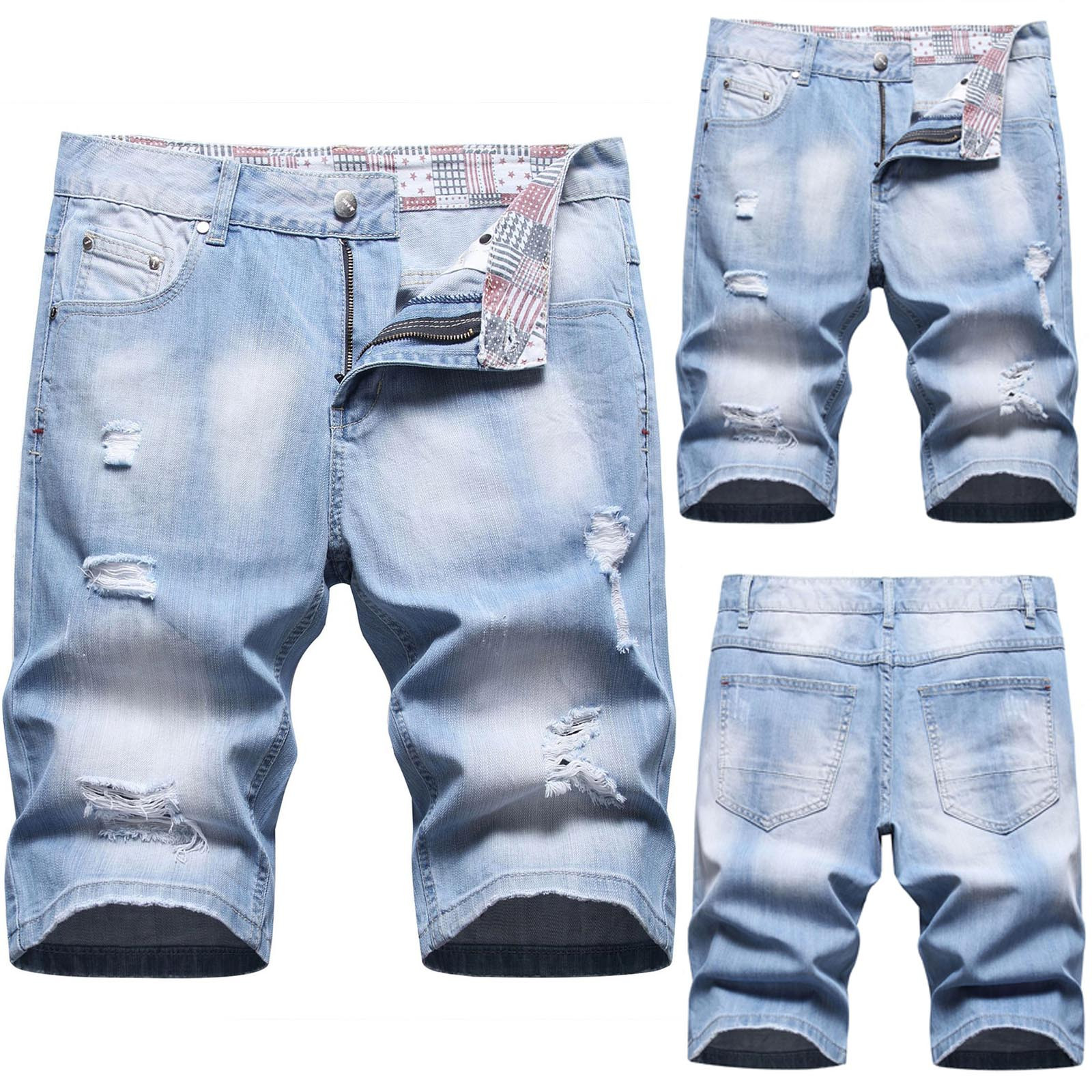 AXXD Mens Gym Shorts Blue Summer Ripped Jean Shorts with Zipper Elastic ...