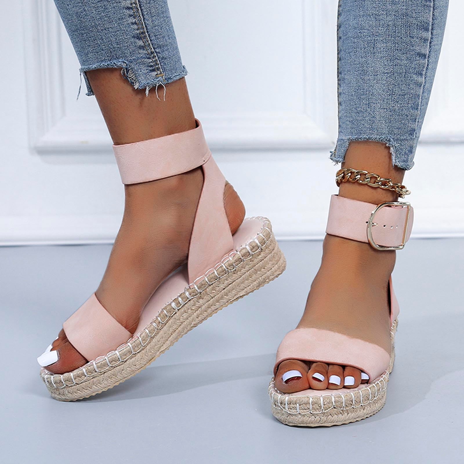 AXXD Pink Sandals for Women 7 Summer Ladies Shoes Slope Heel Thick ...