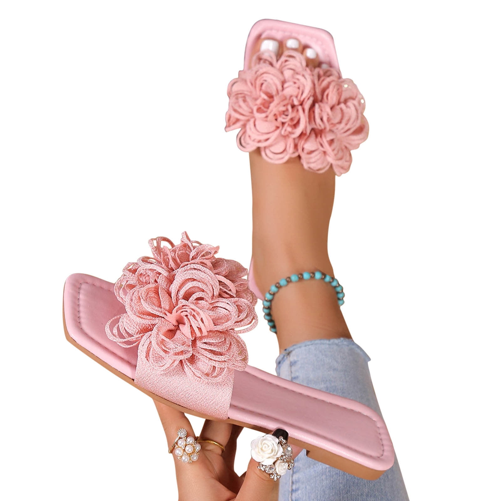 AXXD Pink Slide Sandals for Women 7 Flower Sandals Rectangular Open Toe ...