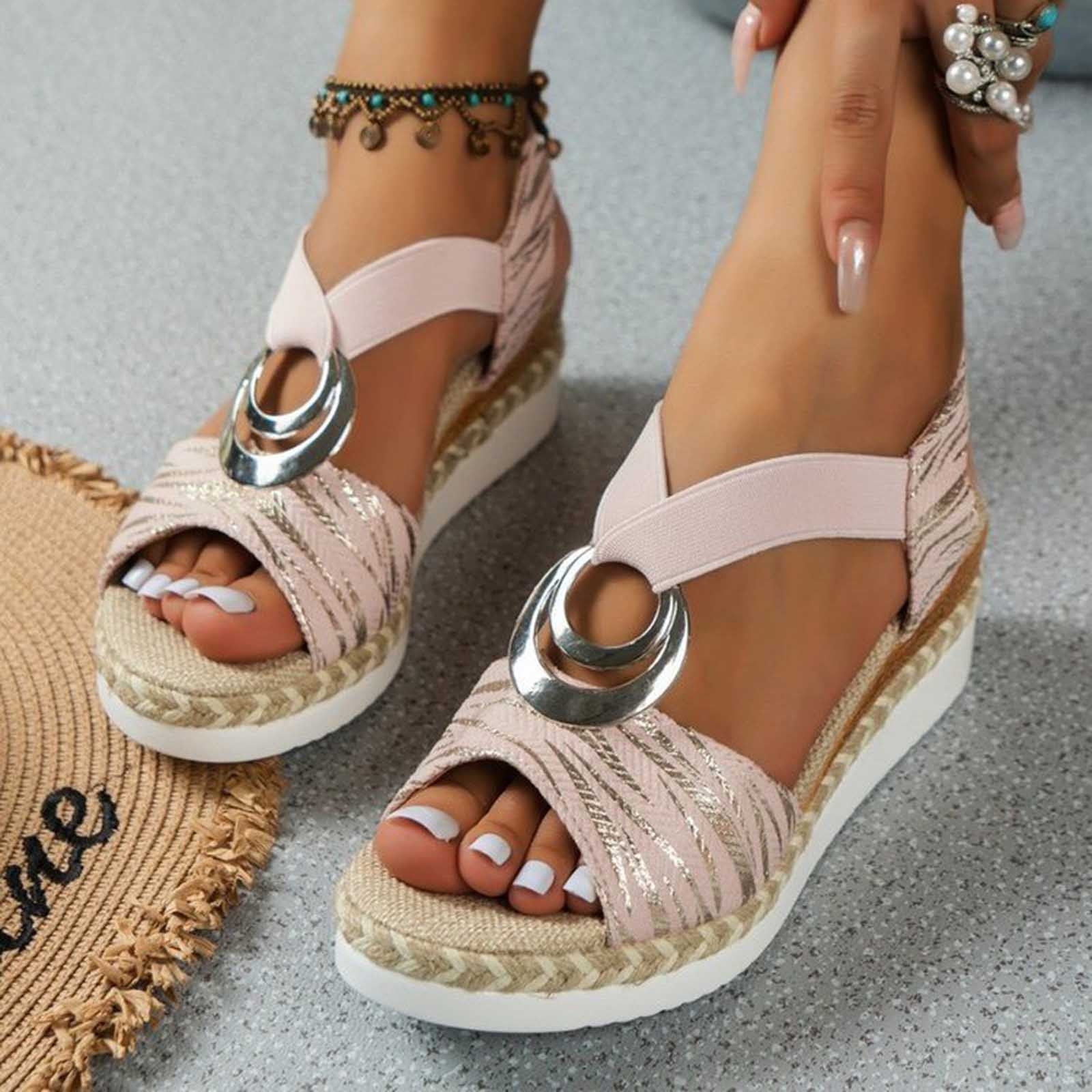 AXXD Pink Wedge Sandals for Women Summer Size Fish Mouth Roman Sandals ...