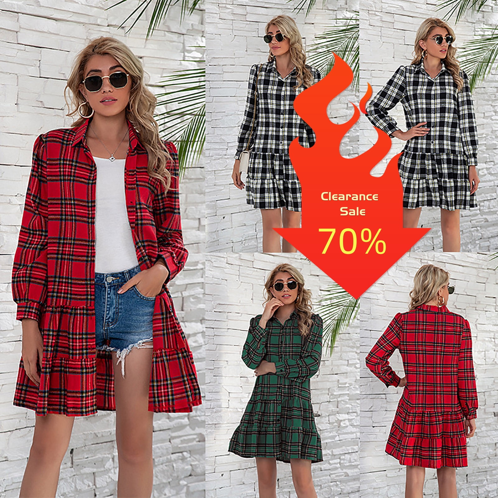 AXXD Women's Summer Loose Button Front Plaid Shirt Dress with Pockets ...