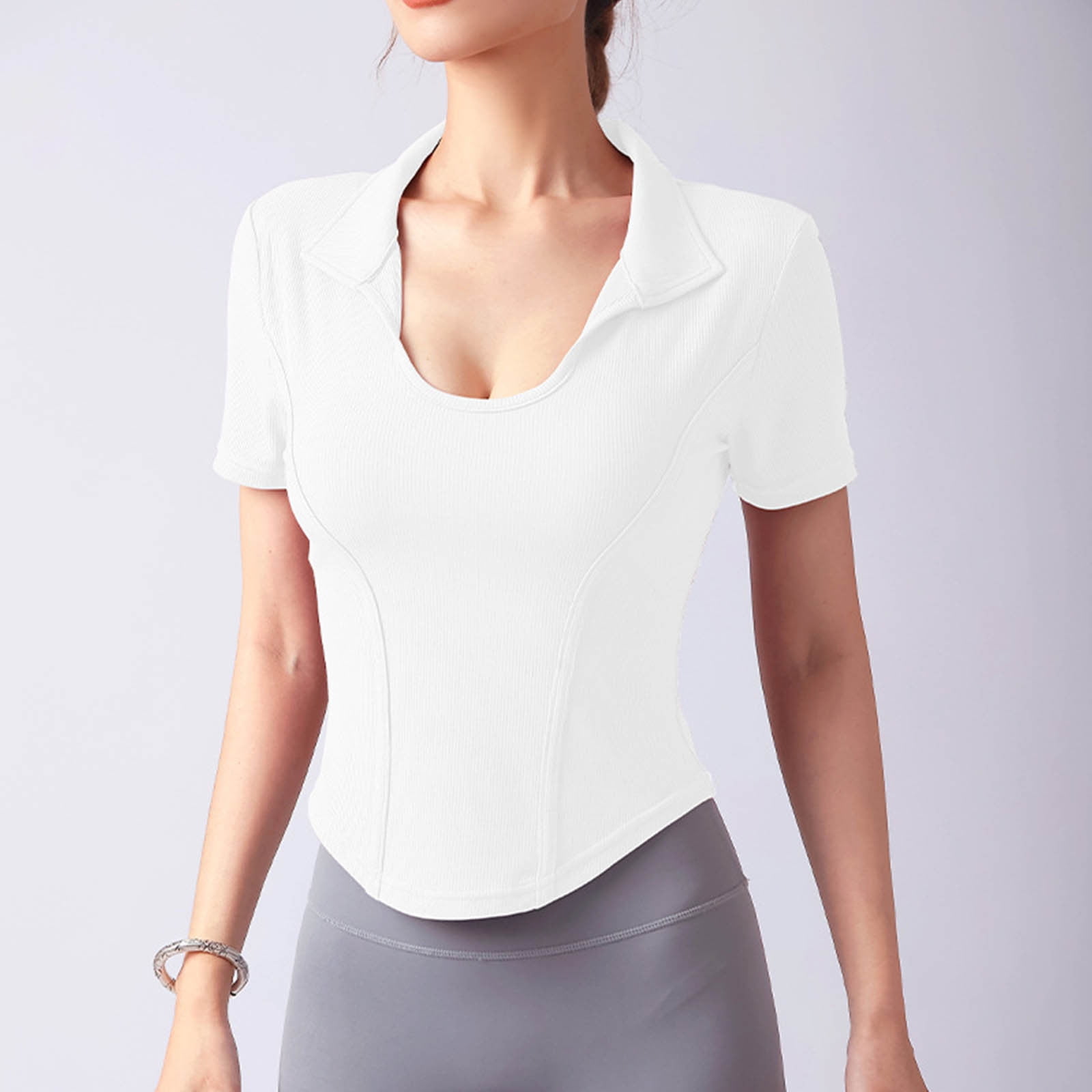 AXXD White Basic Western Shirts for Women Summer 2024 Yoga Solid Color ...