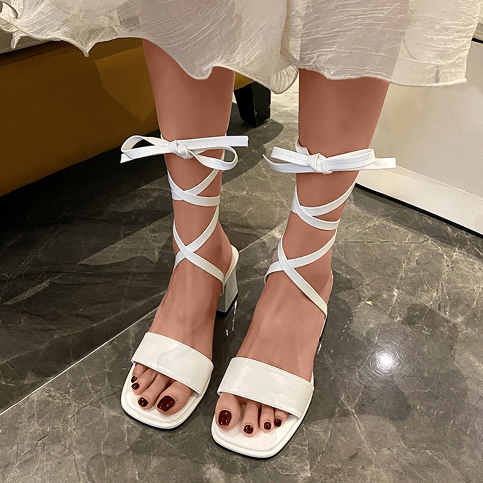 AXXD White Sandals for Women 7.5 Summer Strappy Sandals New Square Head ...