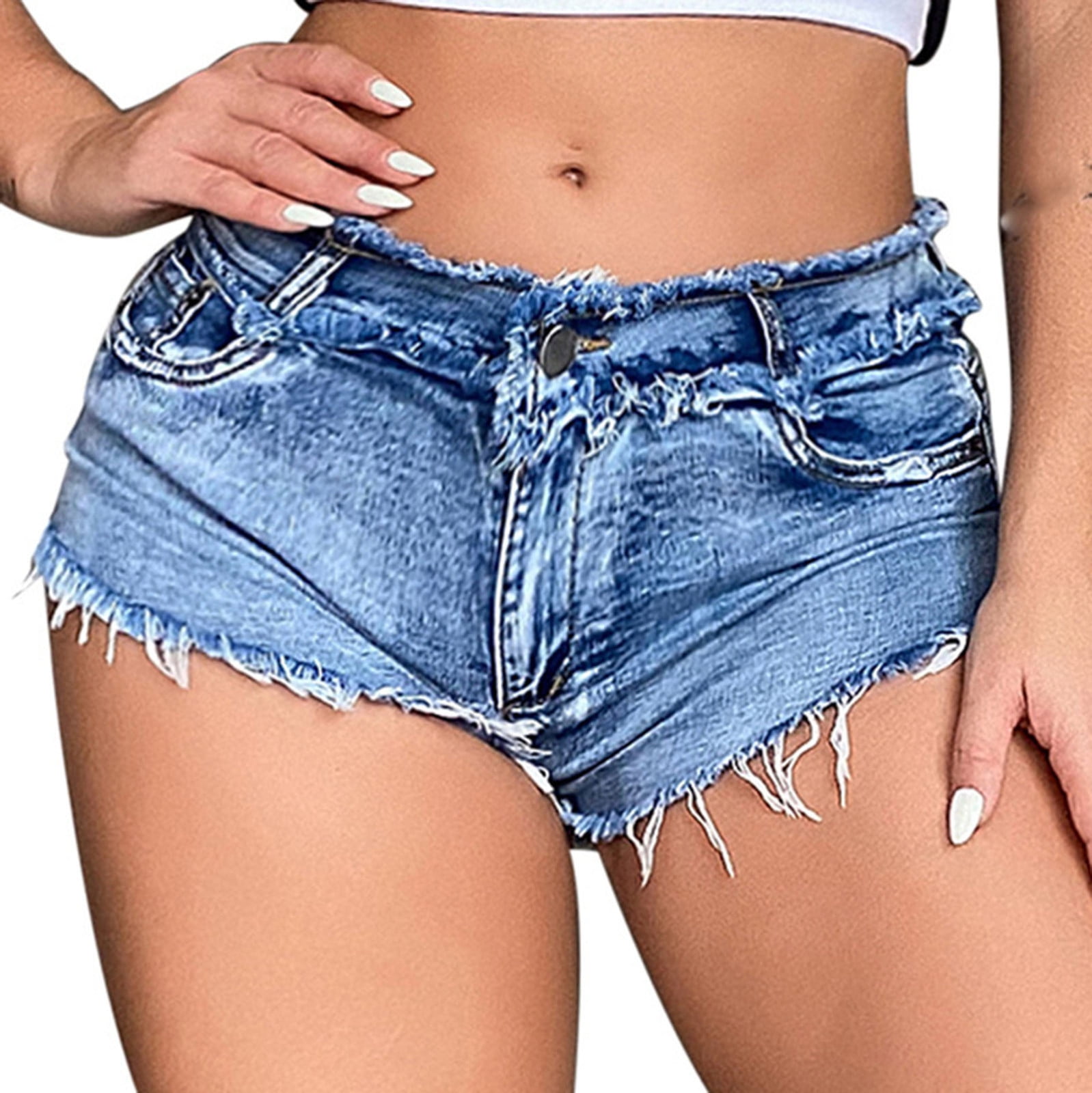 AXXD Woman Cotton Biker Shorts Blue Low Rise Summer Spicy Girls Plus Size Elastic Hole Denim ...