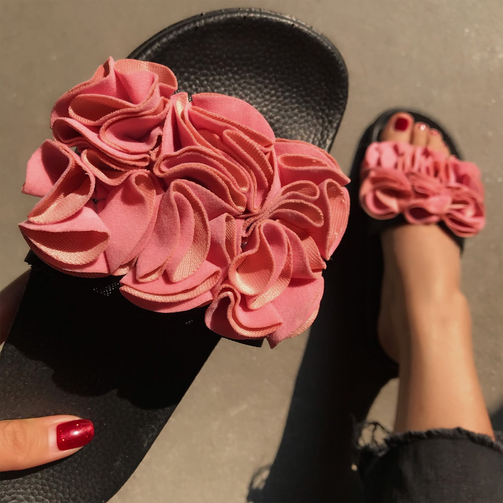 AXXD Women Pink Sandals Clearance Summer Casual Big Flower Flat Sandals ...