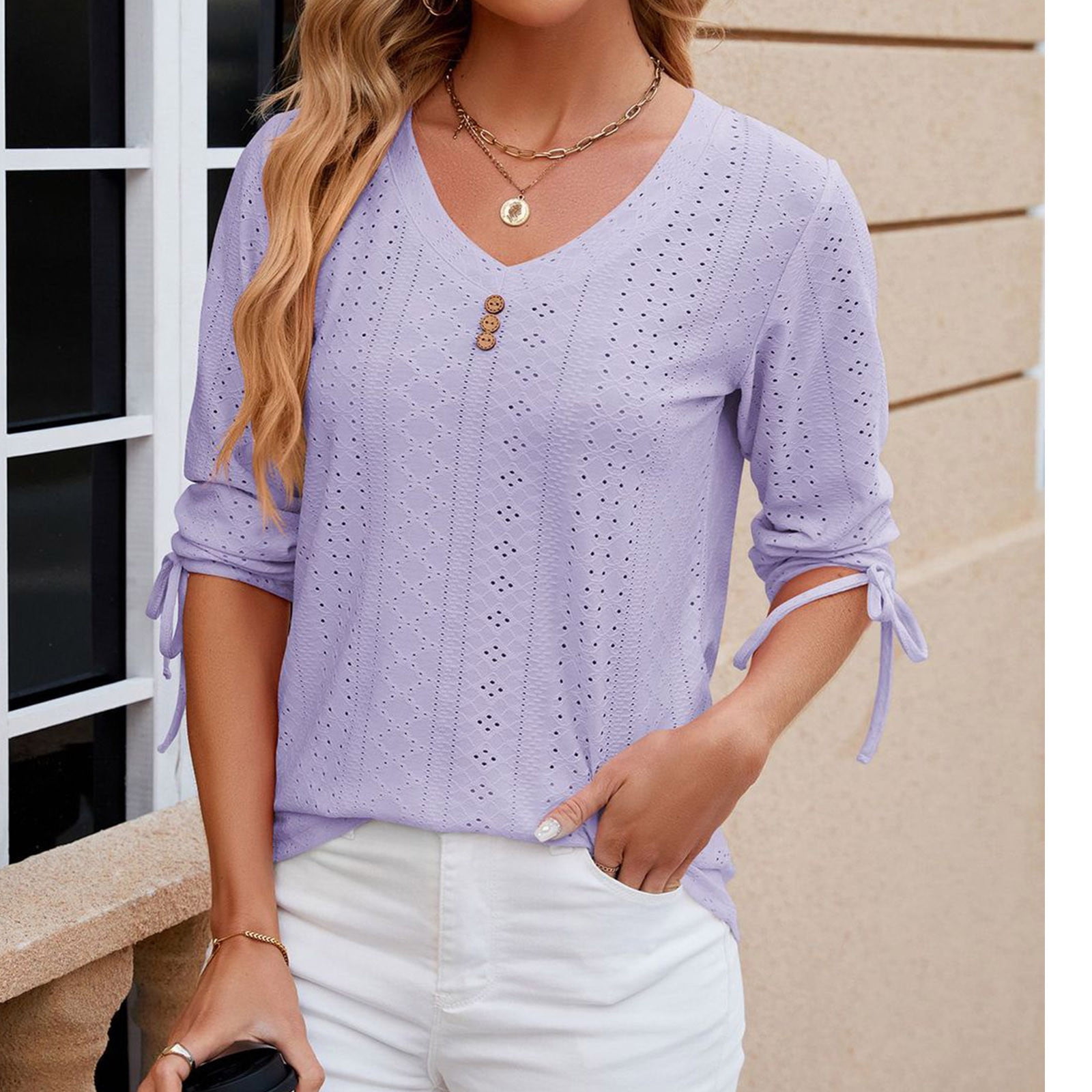 AXXD Womens Sexy Tops Purple Basic 2024 Lace Summer Solid V-neck Bubble ...