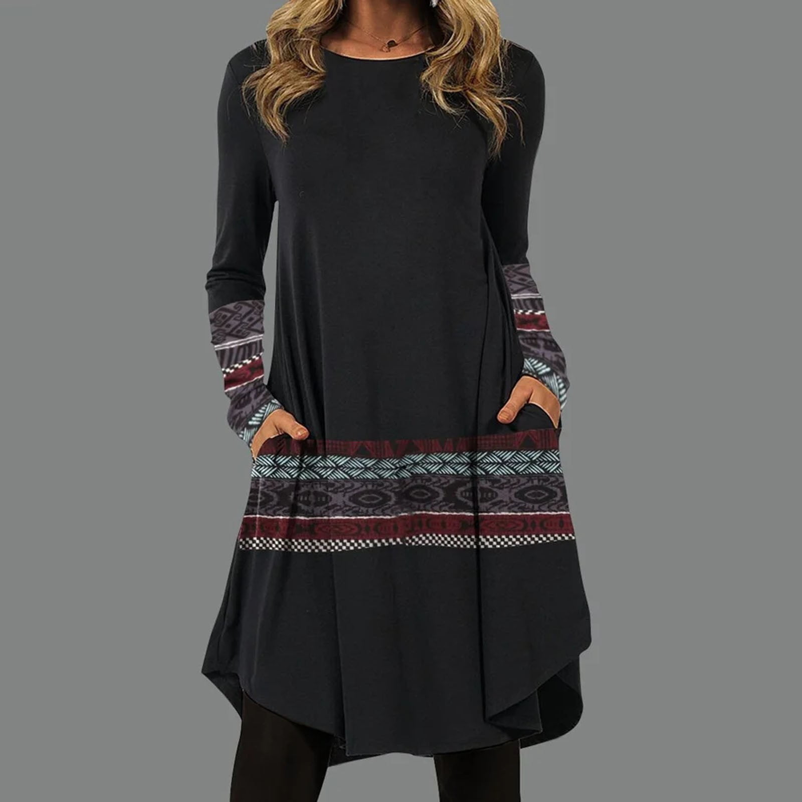 AXXD wrap dress,Fashion Casual O-Neck Long Sleeve Mini Dress Printed Patchwork Dress black ...
