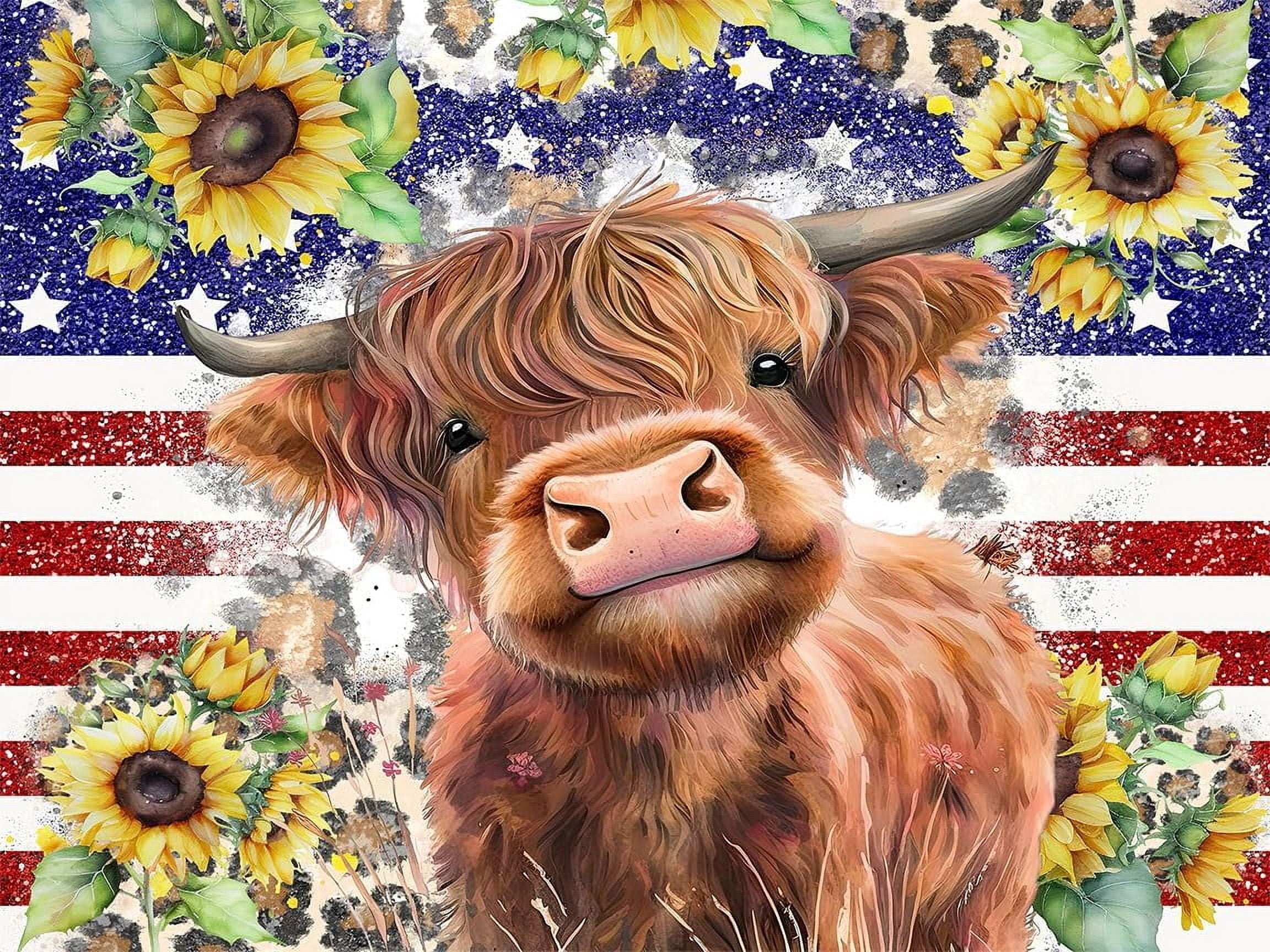 AXXPosters American Flag Sunflower Highland Cow, Bathroom Canvas Wall ...