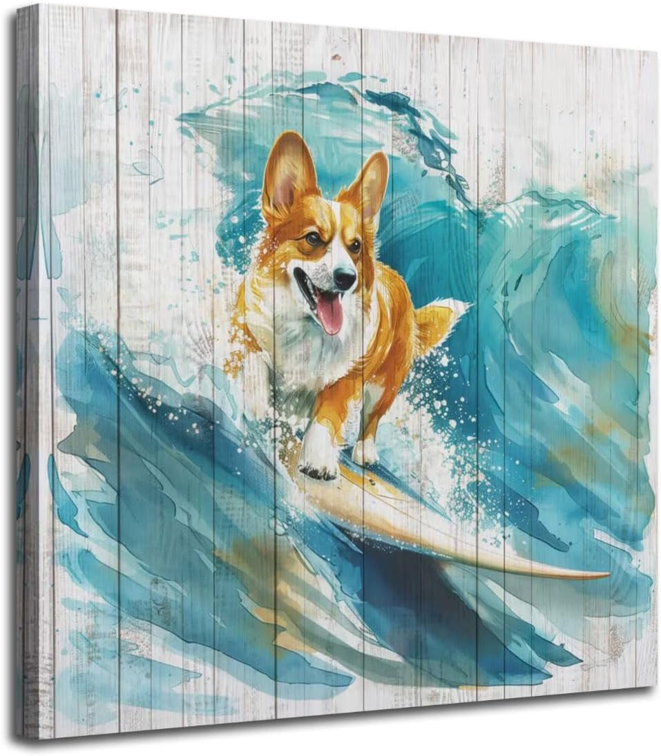 AXXPosters Bathroom Wall Art Cute Dog Sea Painting Animal Surfing ...