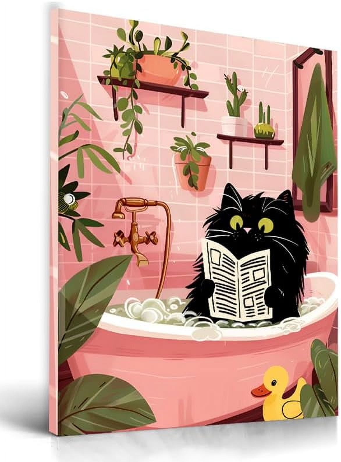 AXXPosters-Bathroom Wall Art Decor, Black Cat Reading the Newspaper Wall Art, Waterproof Wood ...