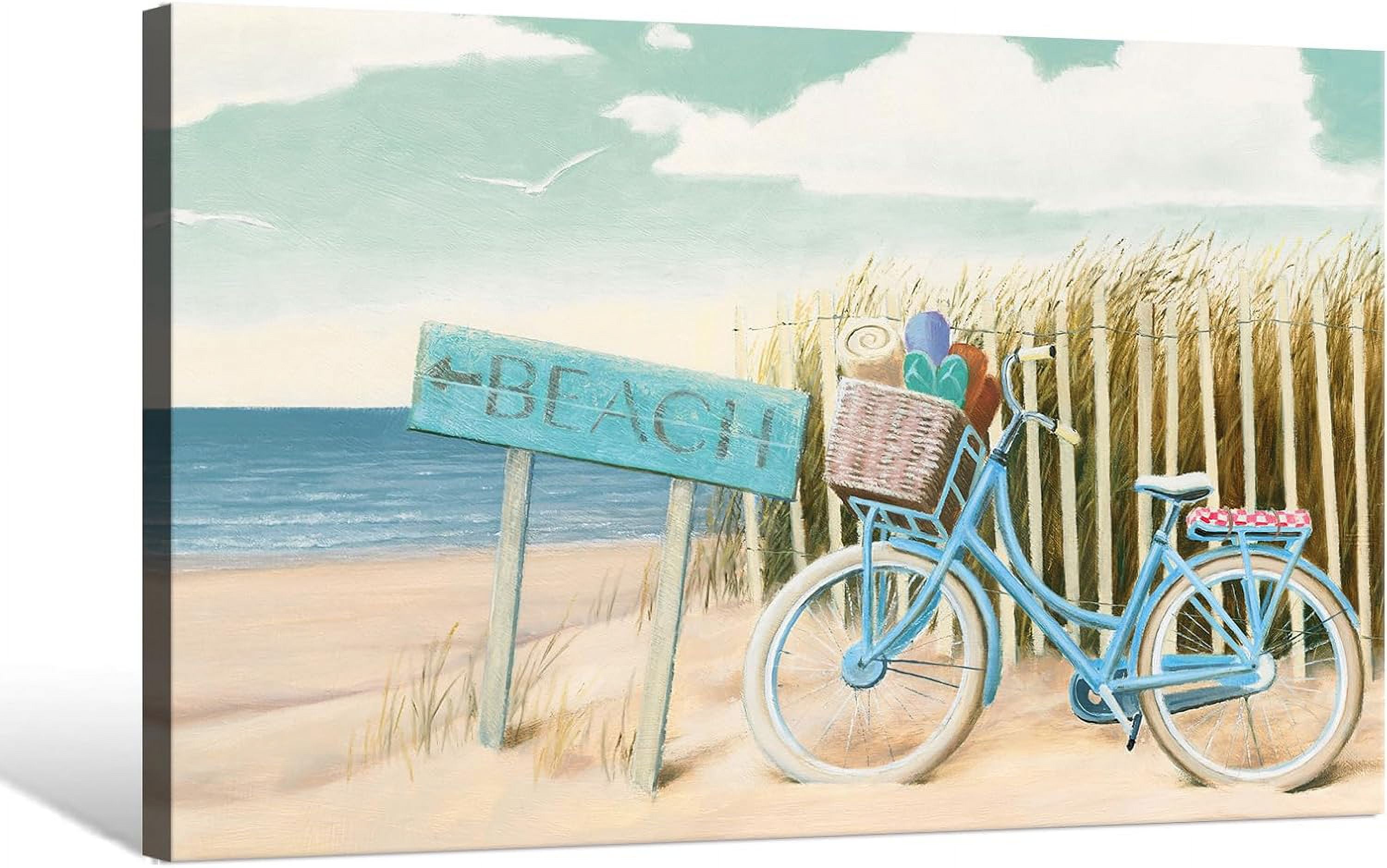 AXXPosters-Beach Bicycle Pictures Wall Art Ocean Coastal Blue Bike Nautical Bathroom Decor ...