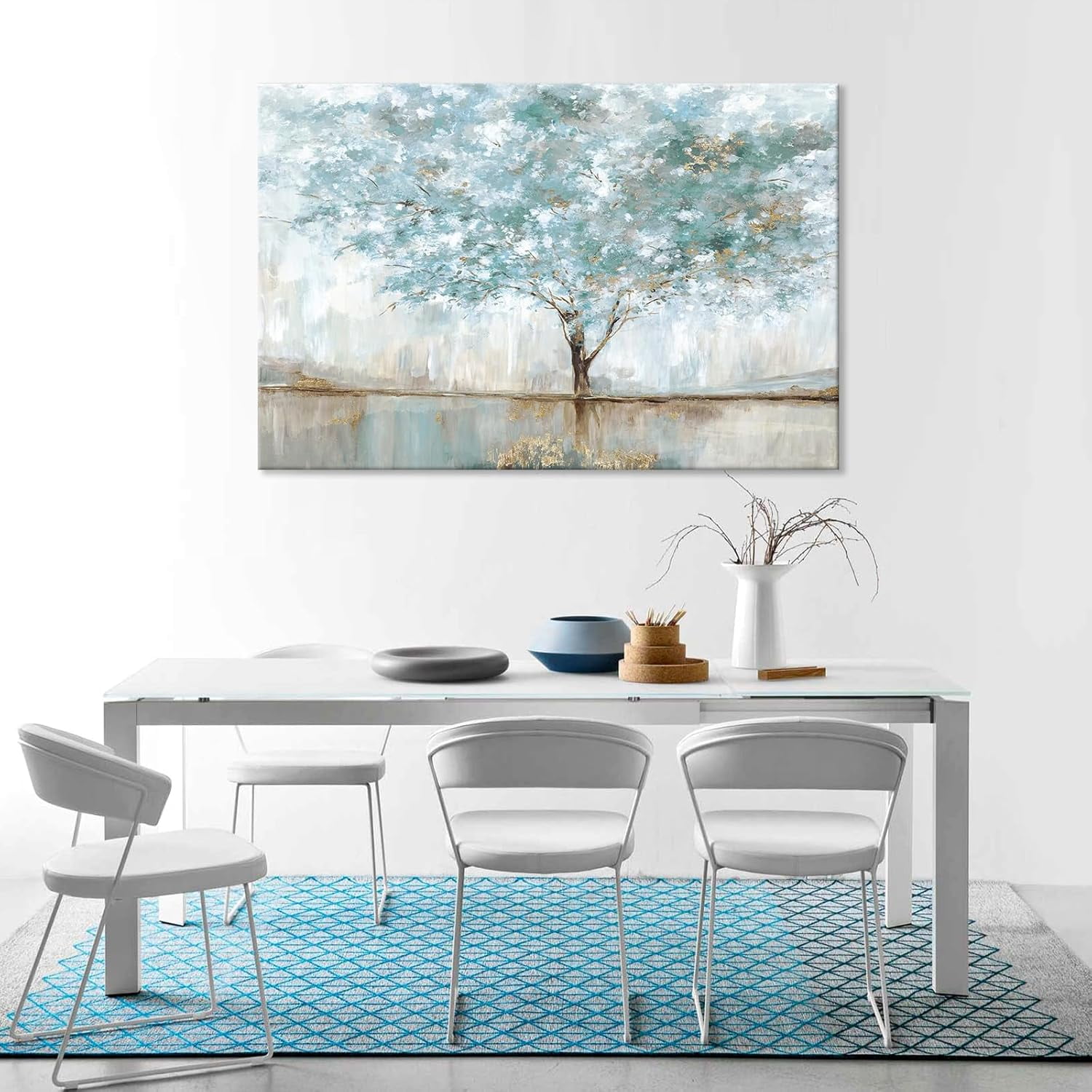 AXXPosters-Birch Tree Canvas Wall Art Blue Green Big Tree Picture ...