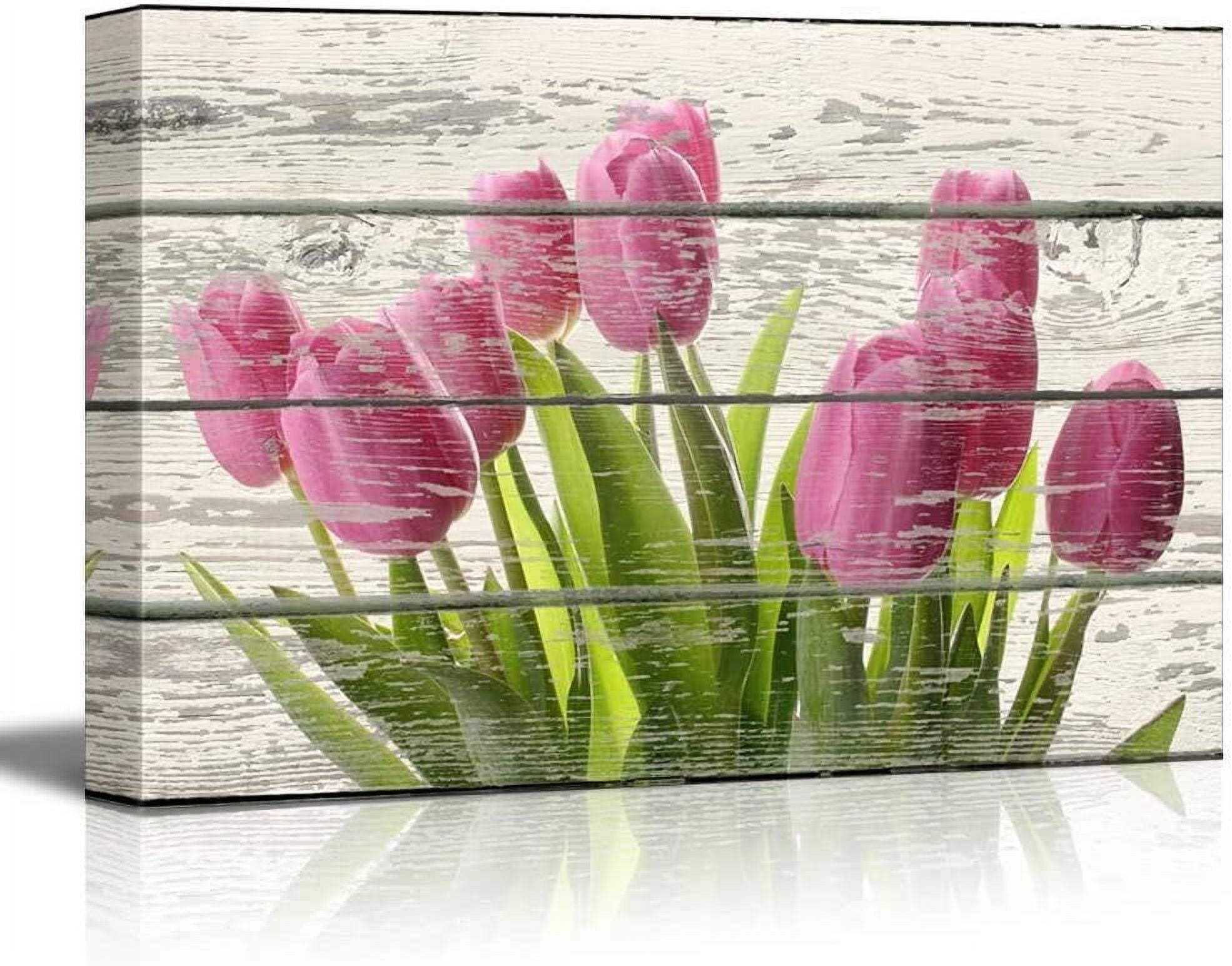 AXXPosters-- Bouquet of Beautiful Pink Tulips Artwork - Rustic Canvas ...