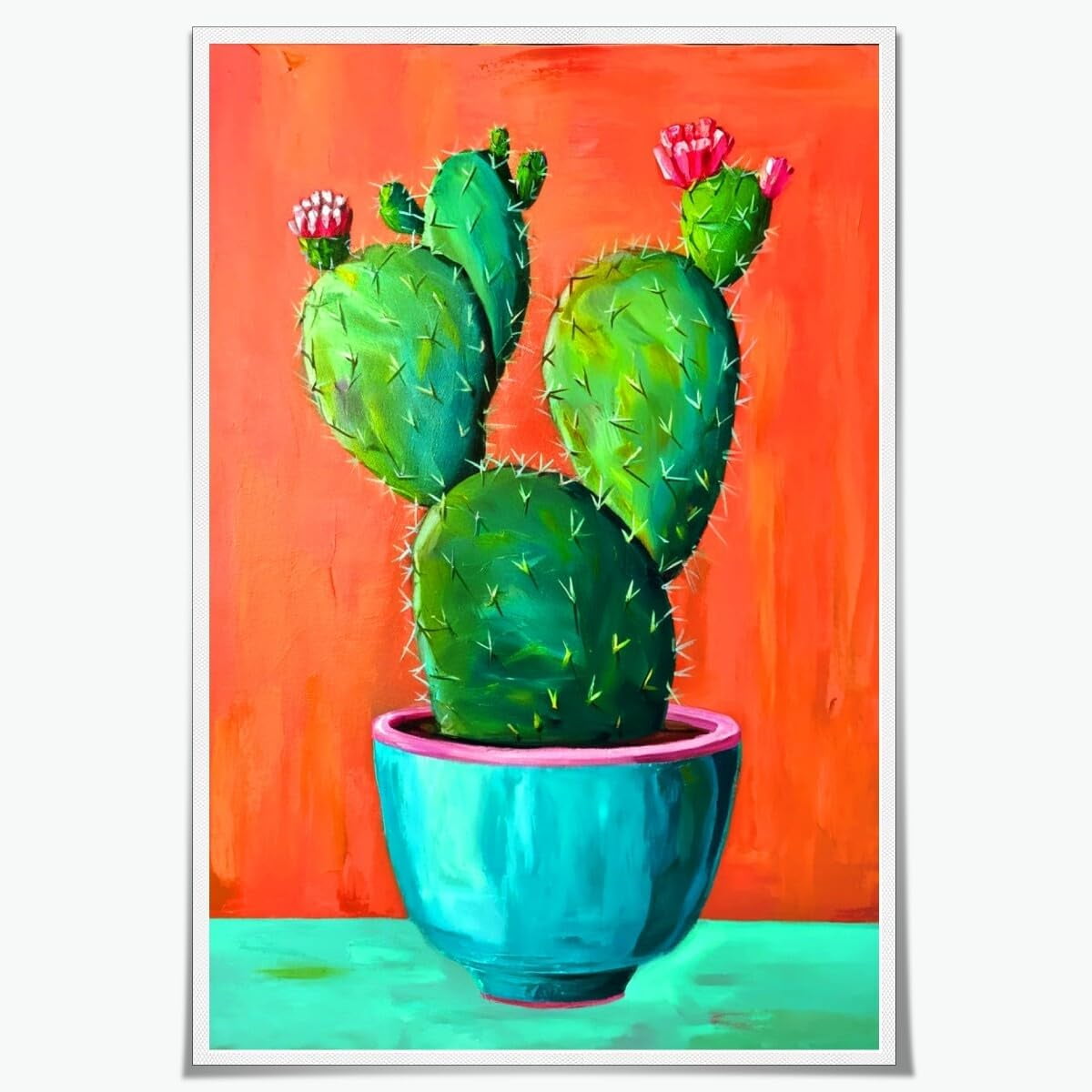 AXXPosters Cacti red Painting Picture Cactus Wall Art Retro Decor ...