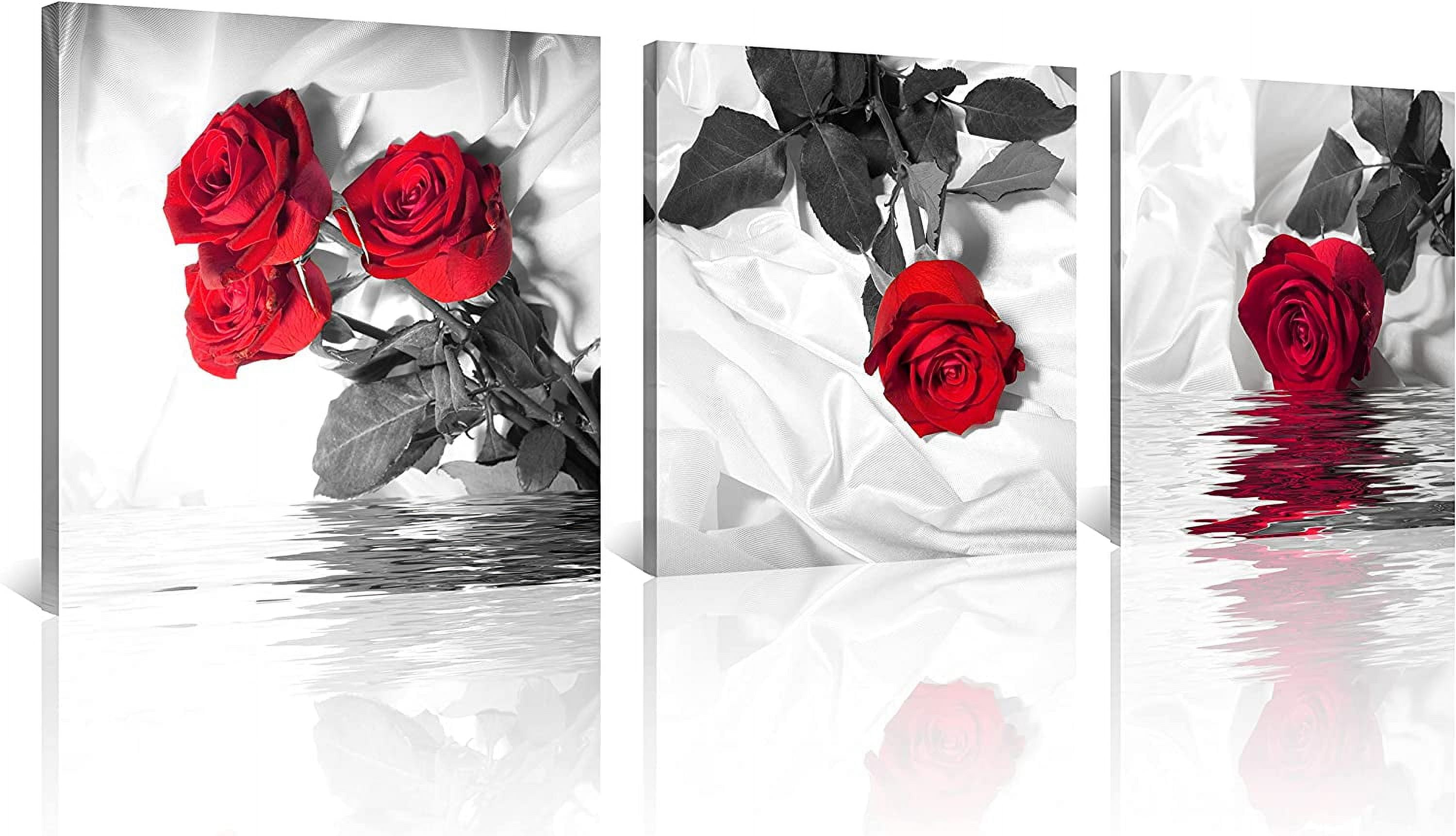 AXXPosters -Canvas Print 3 Pcs Black and White Red Rose Canvas Art ...