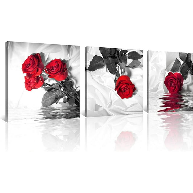 AXXPosters -Canvas Print 3 Pcs Black and White Red Rose Canvas Art ...