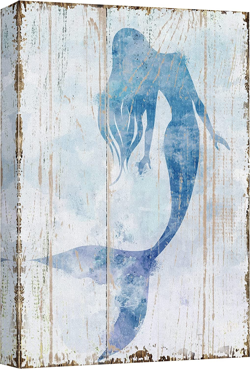 AXXPosters- Canvas Print Wall Art Mermaid Swimming on Watercolor Wood ...