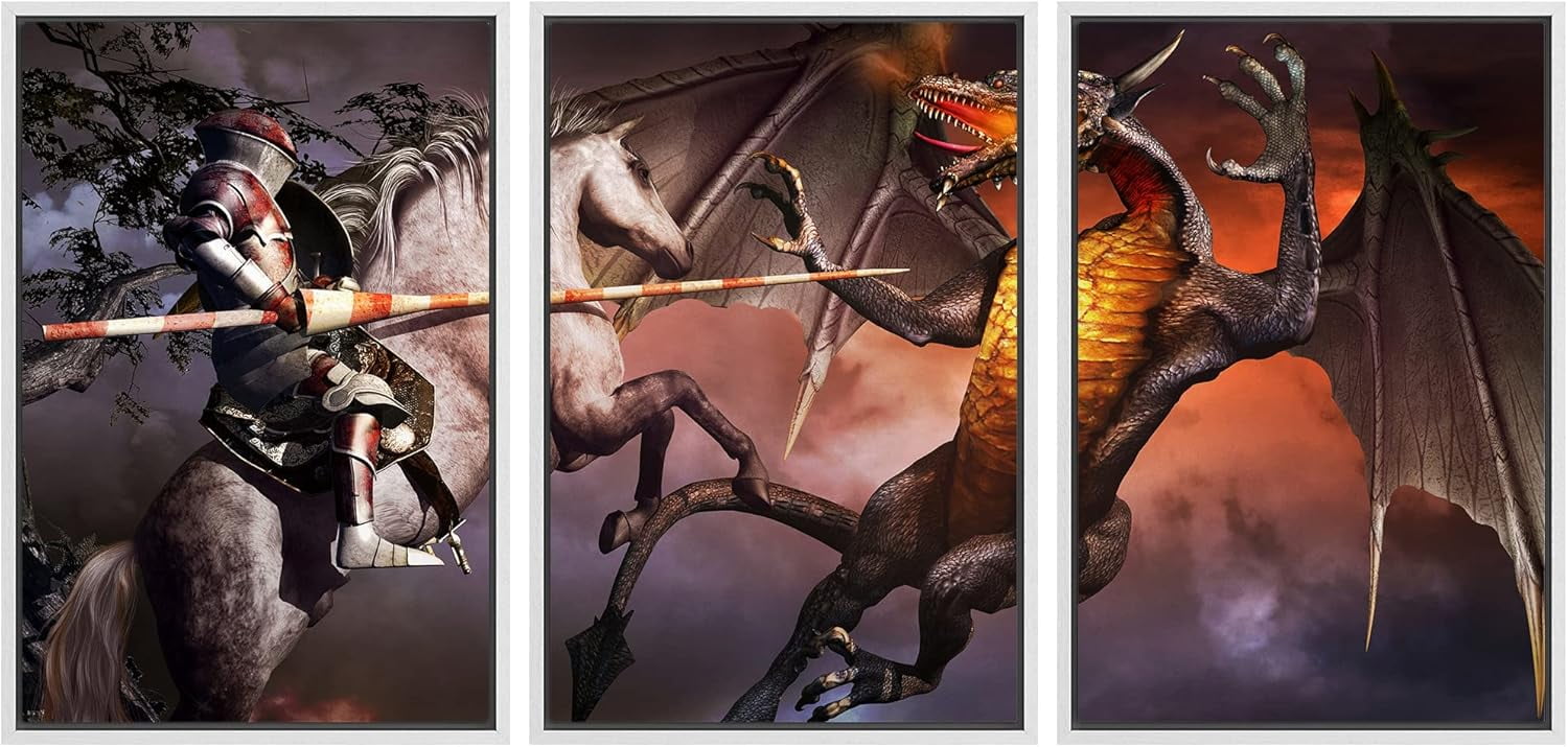 AXXPosters - Canvas Print Wall Art Set Armored Knight Jousting Magic Dragon Fantasy & Sci-Fi ...