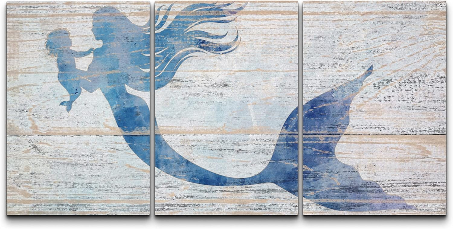 AXXPosters -Canvas Print Wall Art Set Blue Watercolor Mermaid & Baby on ...