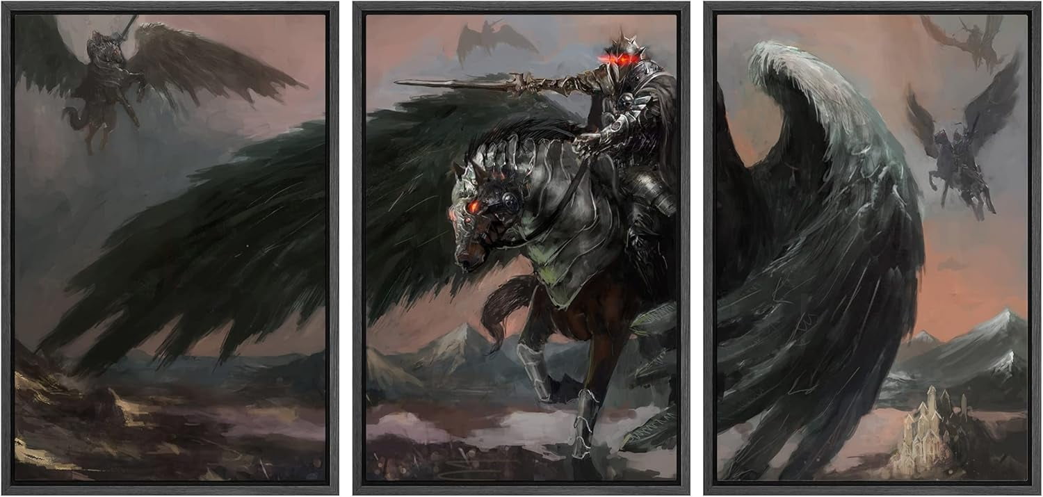 AXXPosters - Canvas Print Wall Art Set Dark Pegasus Valkyrie Knight Sky Fantasy & Sci-Fi Fairy ...