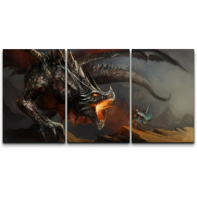 AXXPosters -Canvas Print Wall Art Set Fire Dragon & Shining Knight Duel ...