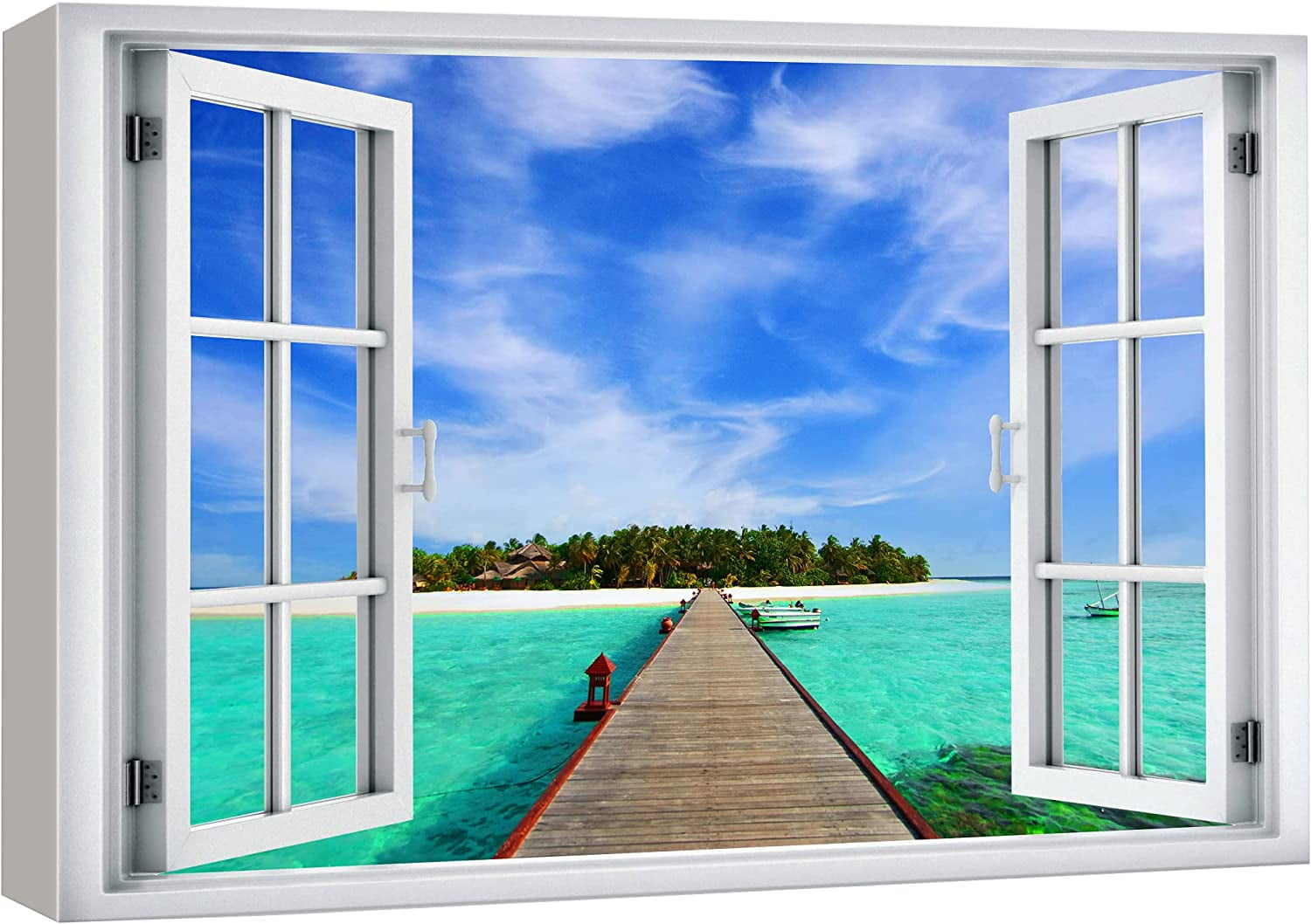AXXPosters-Canvas Print Wall Art Window View Landscape of Green Palm ...