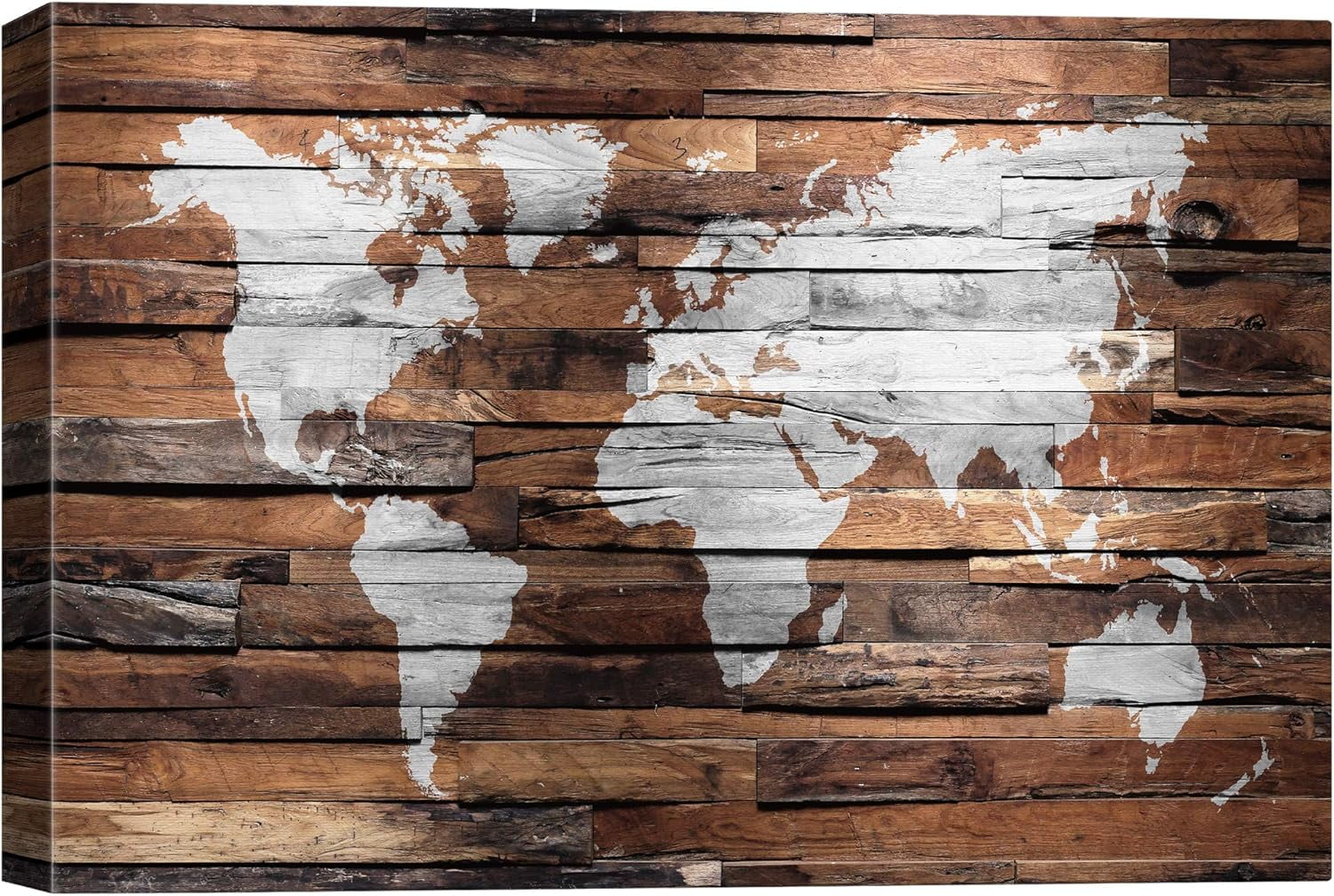 AXXPosters-Canvas Wall Art A White World Atlas on Brown Horizontal Wood ...