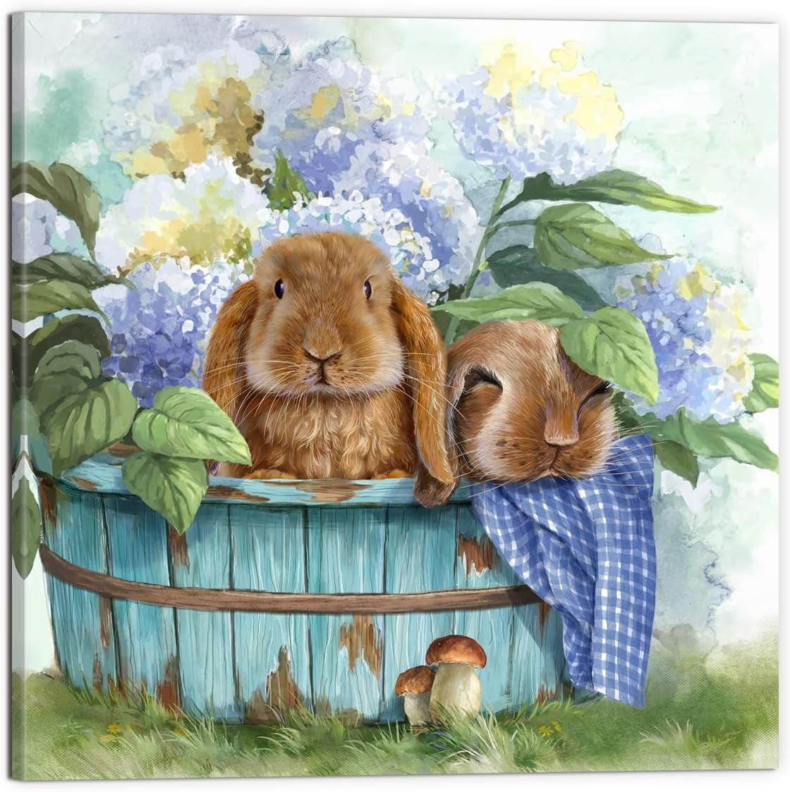 AXXPosters- Cute Bunny Wall Art Blue Flowers Canvas Print Picture ...