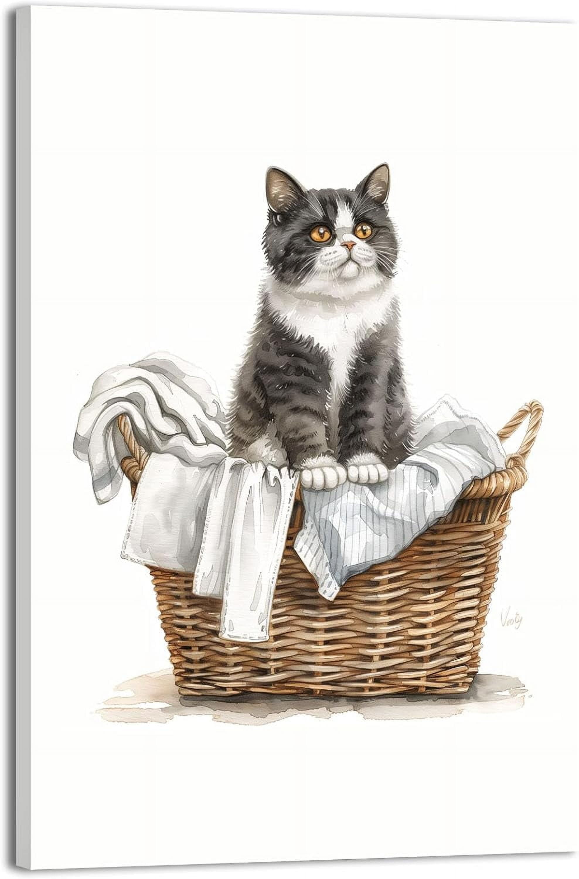 AXXPosters Cute Cat Picture for Laundry Room , Canvas Print Watercolor ...