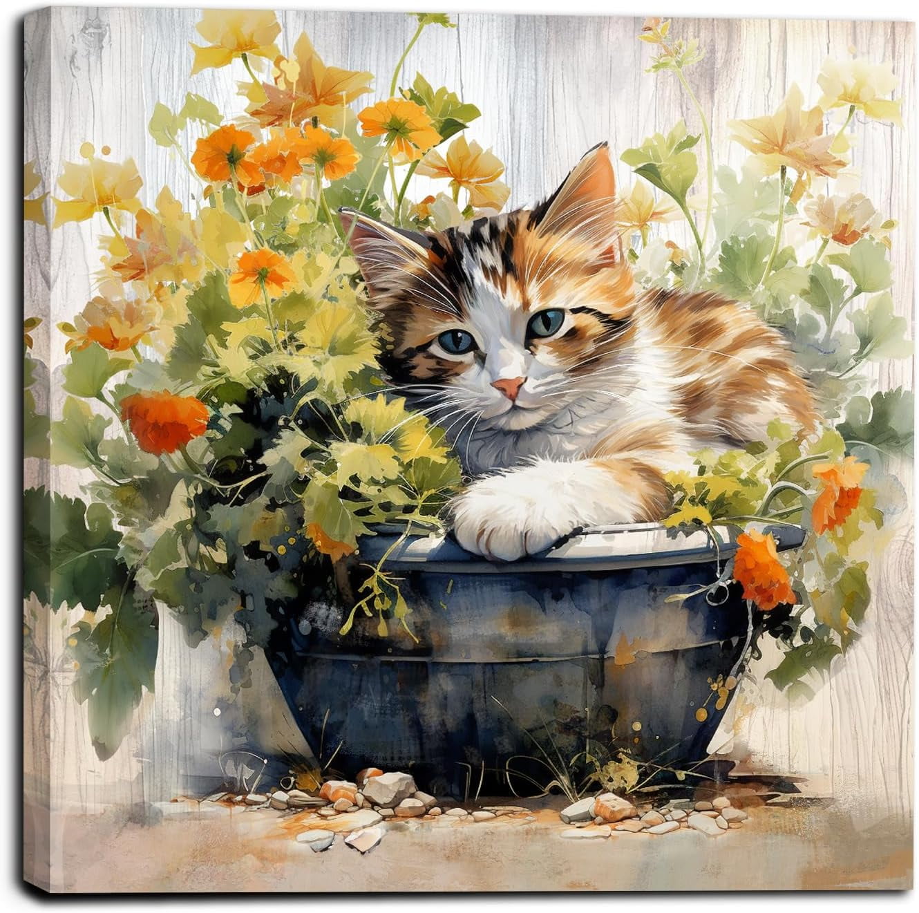 AXXPosters- Cute Cat Wall Art Orange Flowers Canvas Print Picture ...