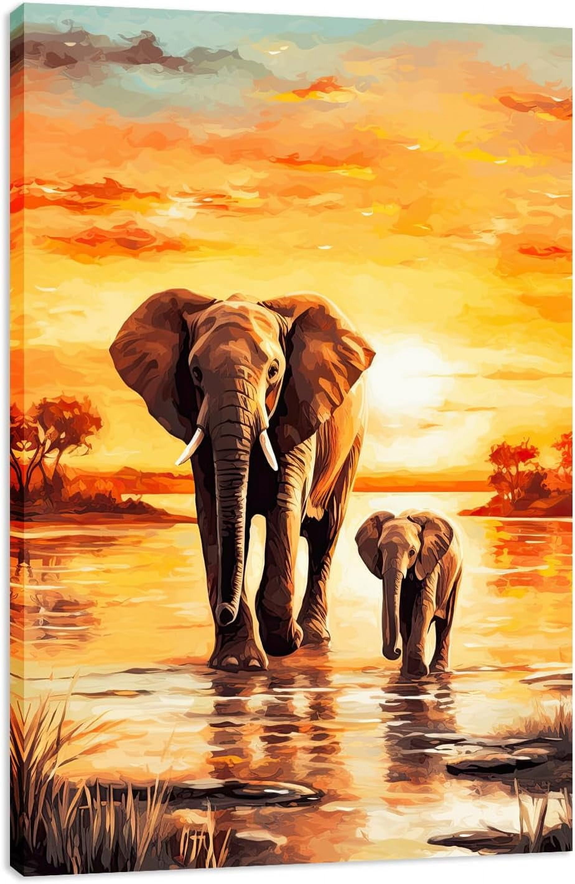 AXXPosters Elephant Canvas Wall Art, Elephants at Sunset Oil Painting ...