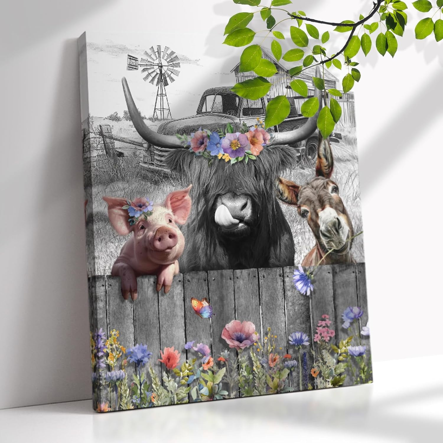 AXXPosters Farmhouse Highland Cow Wall Art Rustic Cow Donkey Pig Floral ...