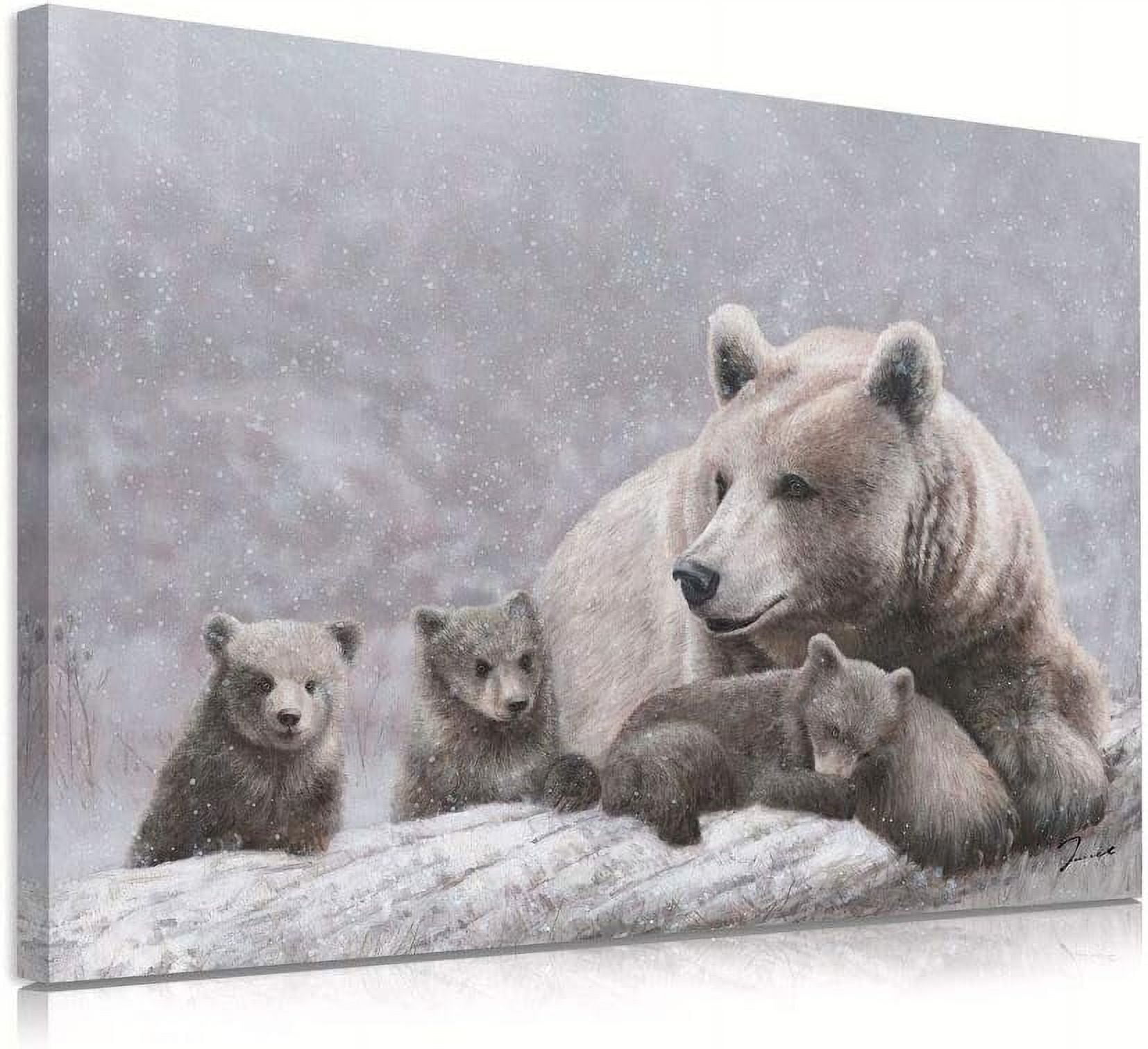 AXXPosters-Grizzly Bear Wall Art Decor: Grey Bear Mama and Cubs ...